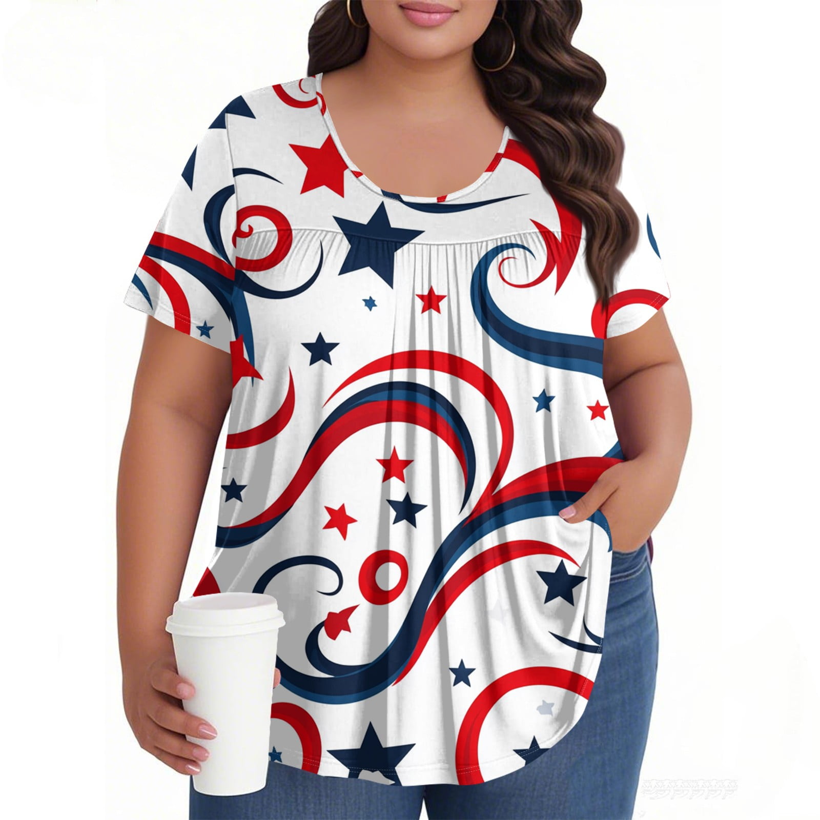 bbyeadc Women's Summer Shirt Independence Day Red White and Blue American Flag Shirts Short ...