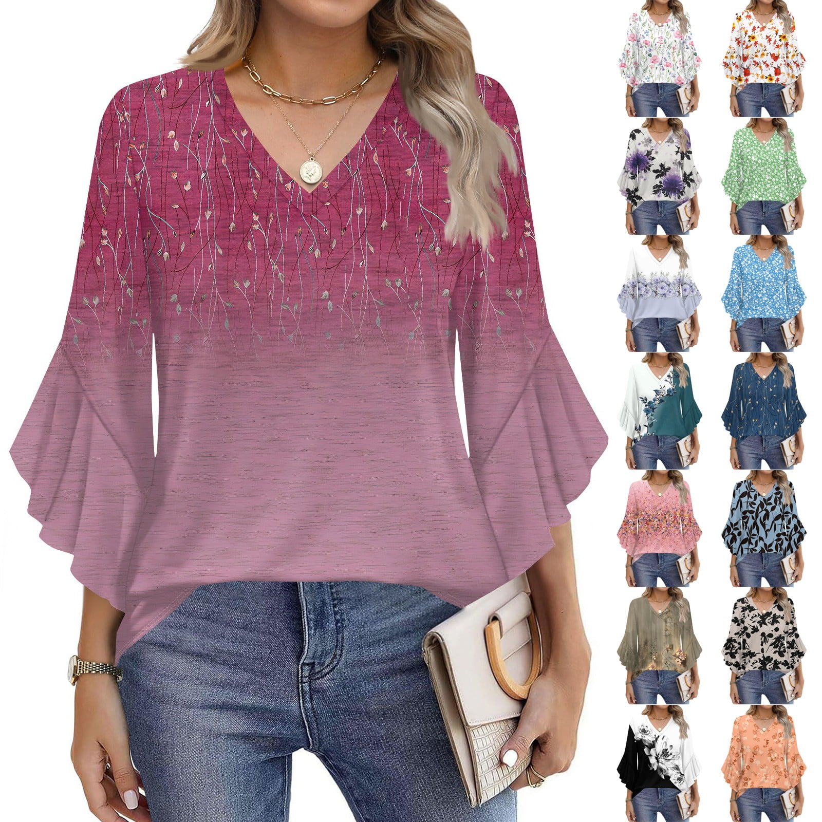 bbyeadc Women's Tops Dressy Casual V-Neck 3/4 Length Sleeve Tshirt Plus ...