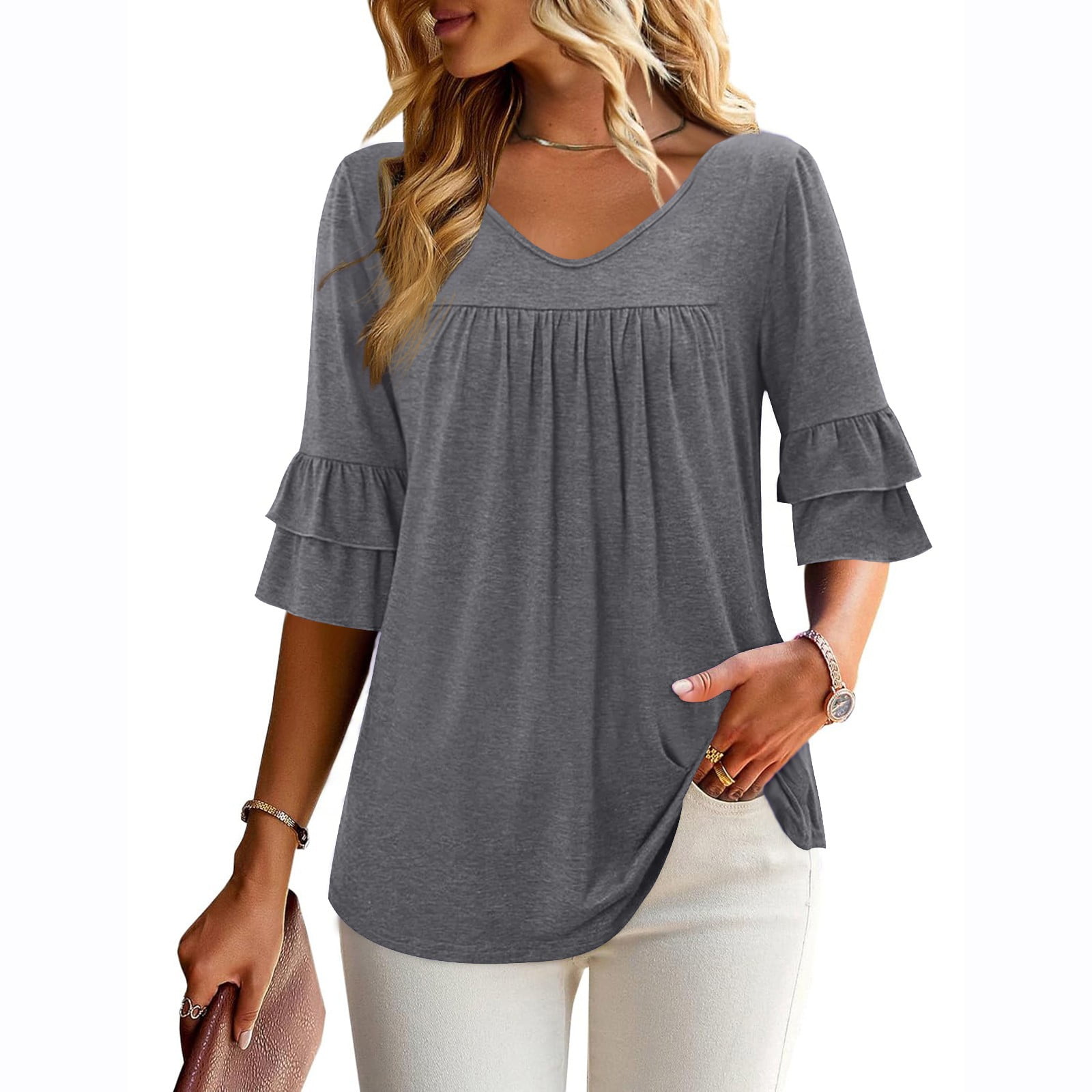 bbyeadc Womens 3/4 Sleeve Blouses 2025 V Neck Tiered Cuffs Ruched Front Shirts Three Quarter ...