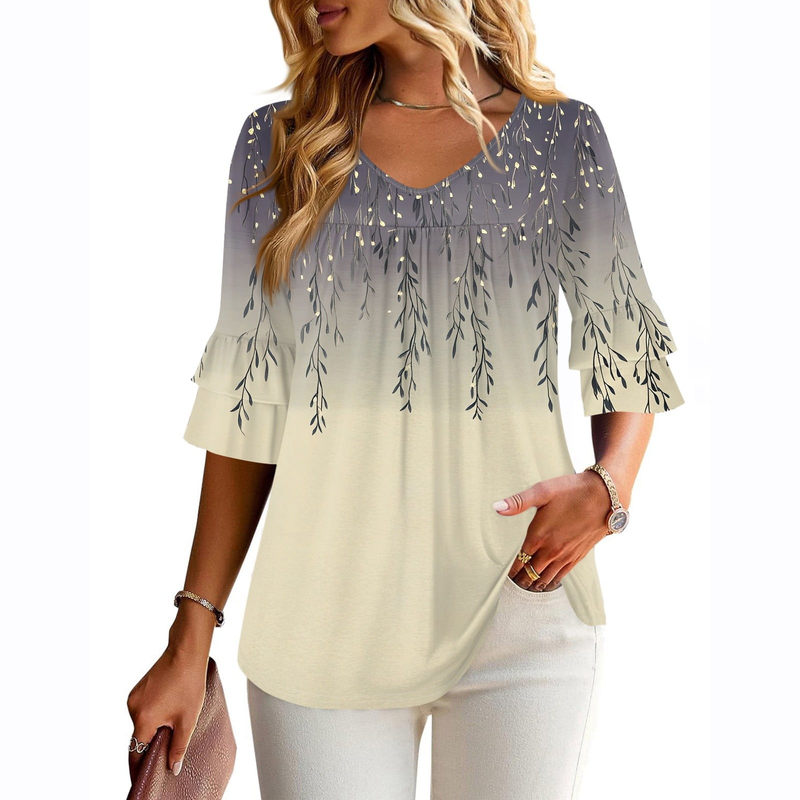 bbyeadc Womens 3/4 Sleeve Tops 2025 V-Neck Bell Ruffle Sleeve Pleated ...