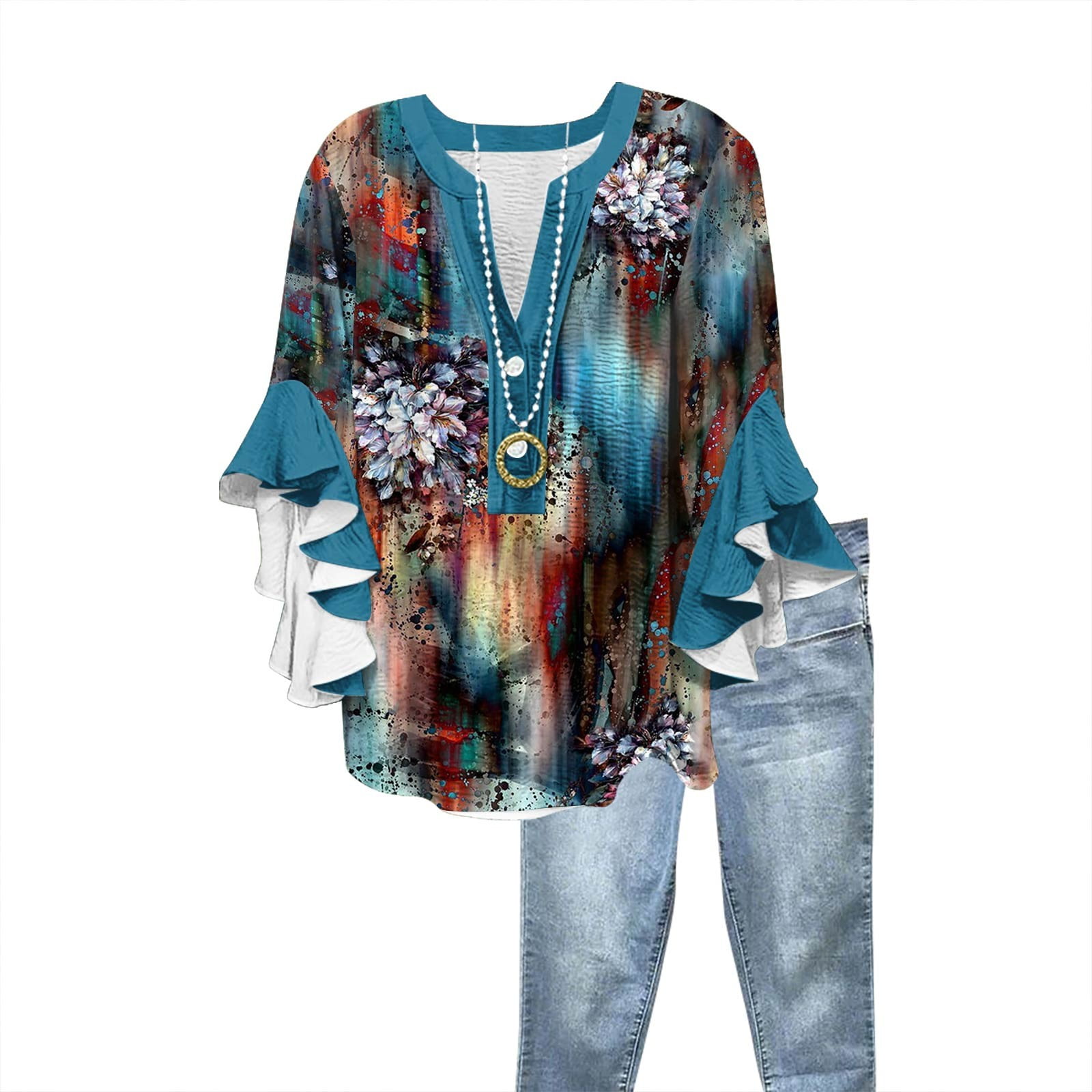 bbyeadc Womens 3/4 Sleeve Tops Summer Plus Size Floral Pattern Shirts V Neck Henley Button Flowy ...