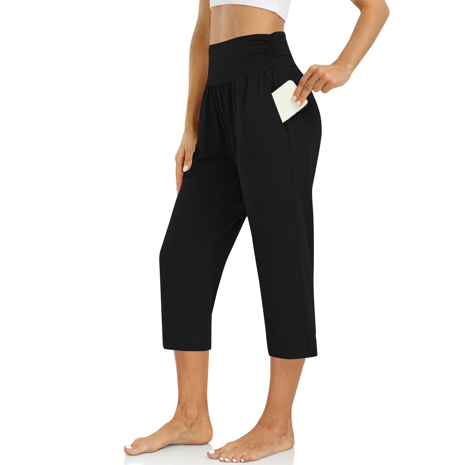 bbyeadc Womens Black Capris for Summer Wide Leg Crop Pants with Pockets ...