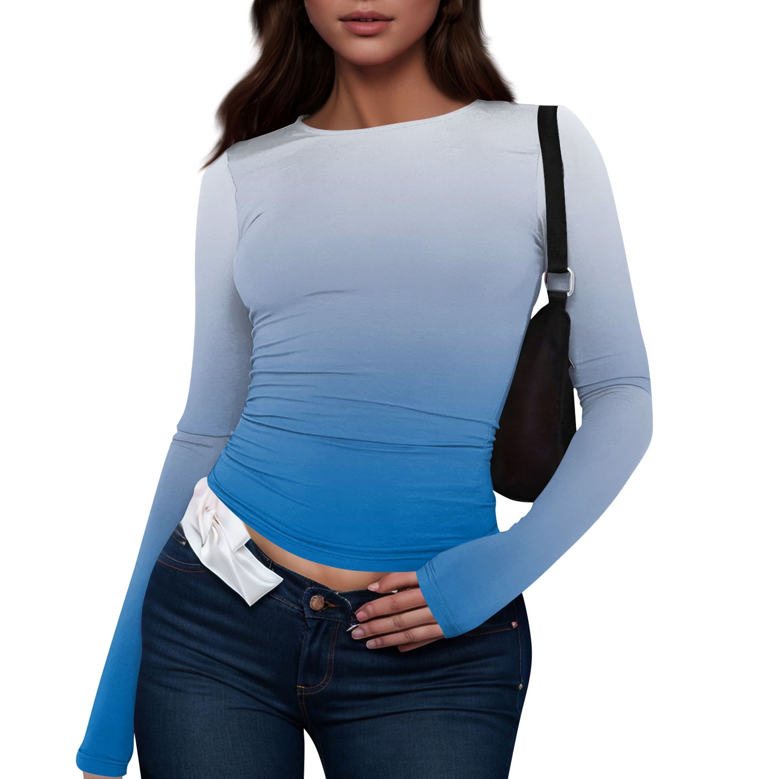 bbyeadc Womens Blue Long Sleeve Shirts Casual Gradient Going Out Tops ...