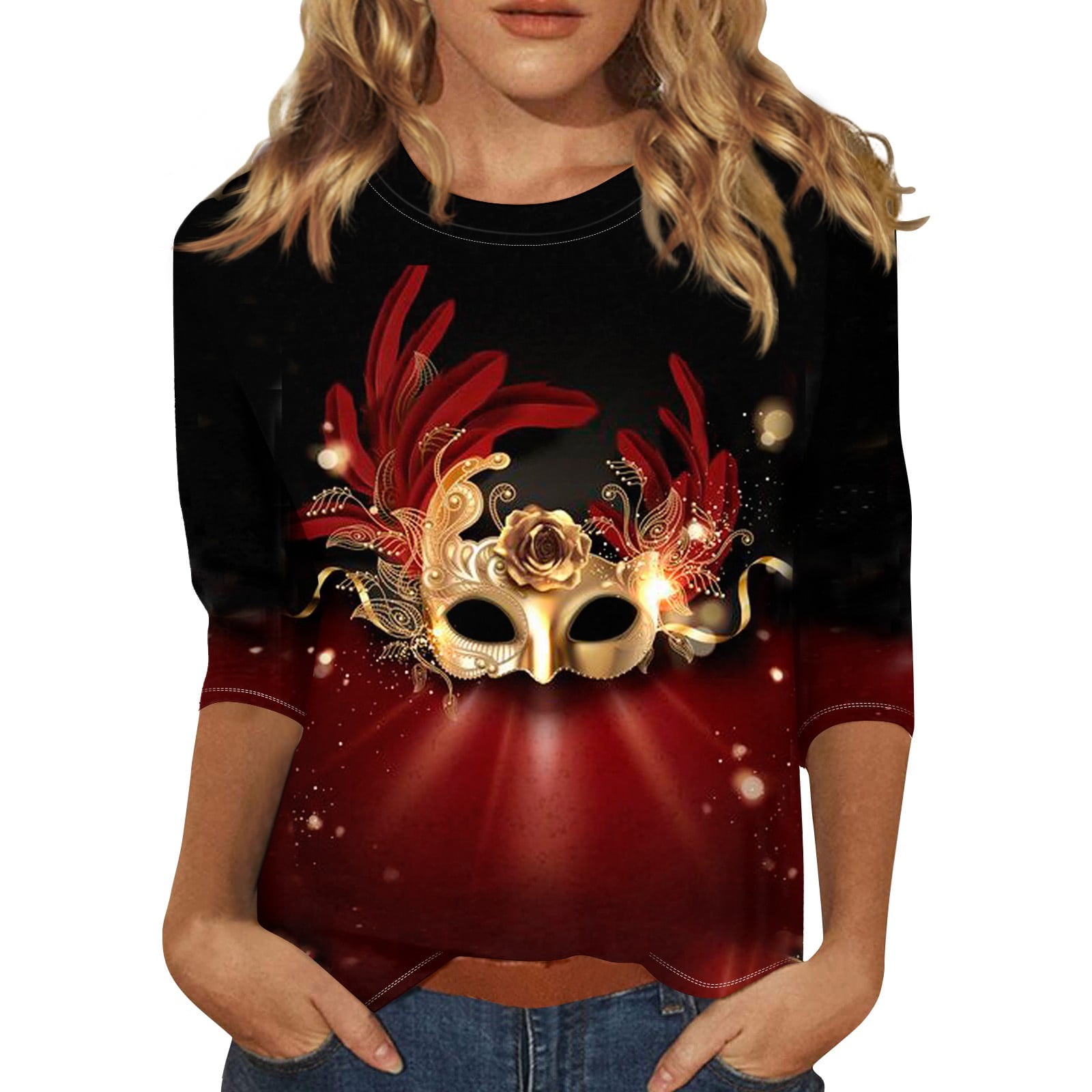 bbyeadc Womens Carnival Mask Shirt Tuesday Party Mardi Gras Shirts 3/4 Sleeve Tops Plus Size ...