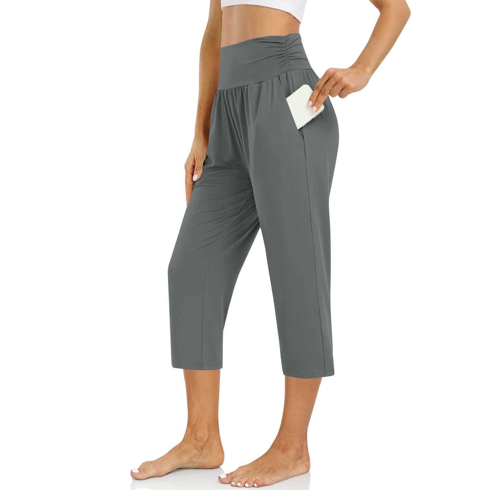 bbyeadc Womens Gray Capris for Summer Wide Leg Crop Pants with Pockets ...
