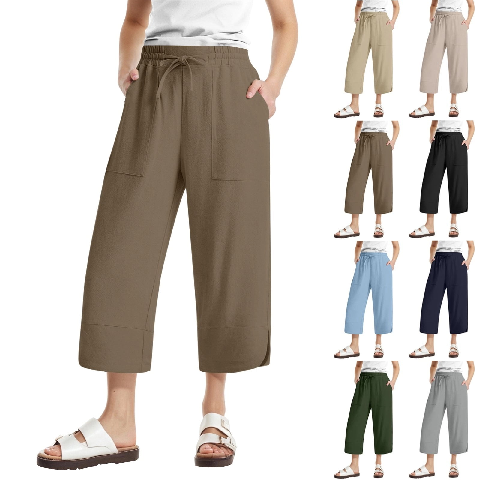 bbyeadc Womens Linen Pants Plus Size Wide Leg Cropped Pants Light ...