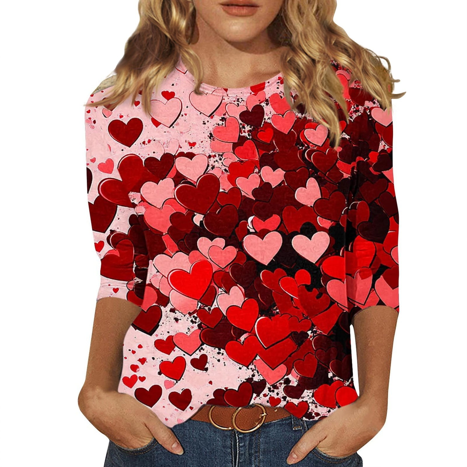 bbyeadc Womens Love Heart Shirt Plus Size Valentines Day T-shirt Crew Neck 3/4 Sleeve Tops Date ...