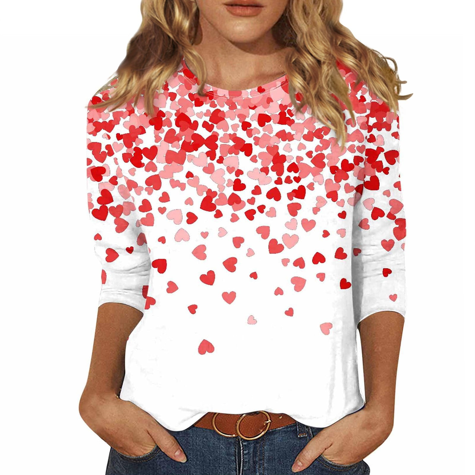 bbyeadc Womens Love Heart Shirt Plus Size Valentines Day Tops Crewneck 3/4 Sleeve T-shirt Date ...