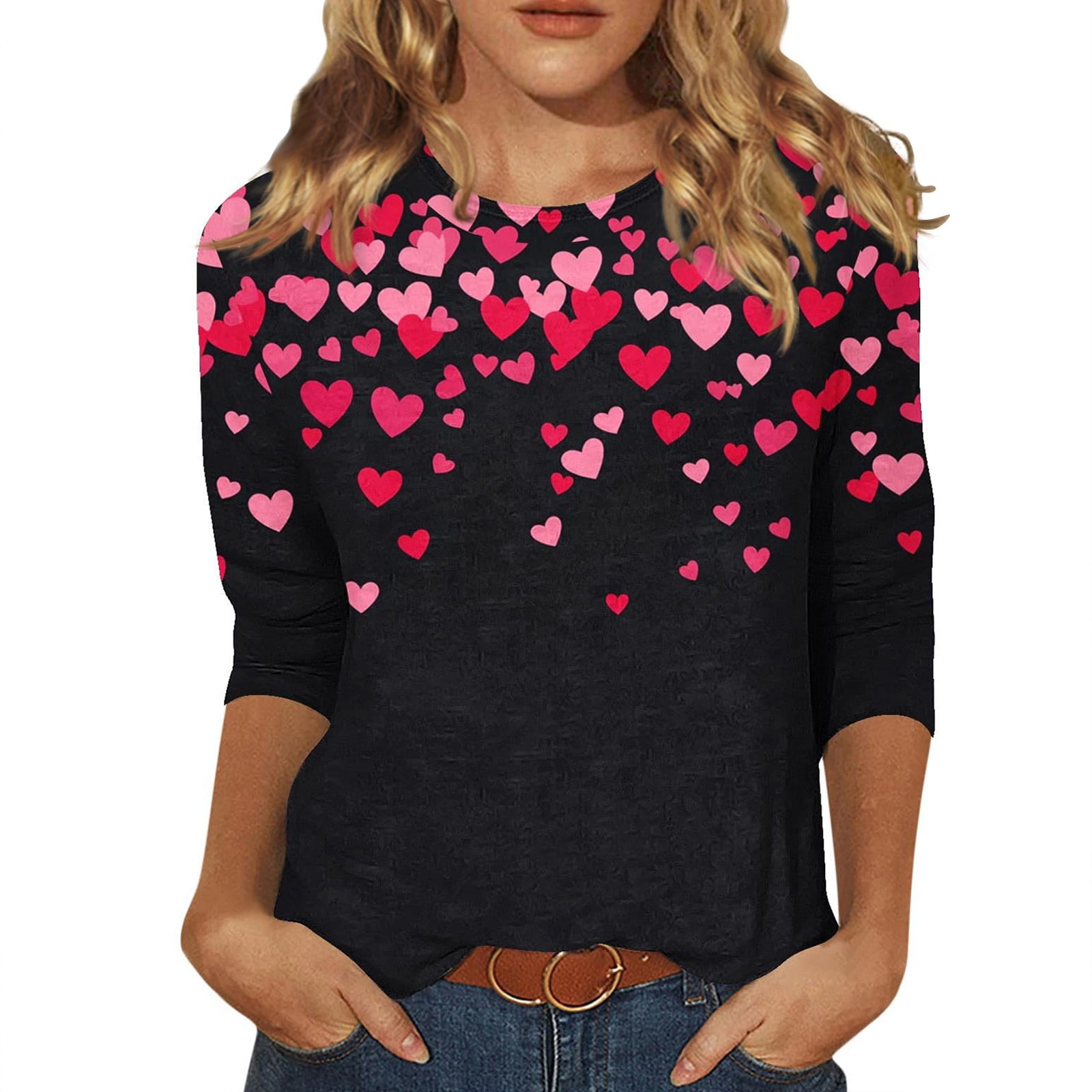 bbyeadc Womens Love Heart Shirts Date Valentines Day Shirts 3/4 Sleeve T-shirt Plus Size Shirt ...