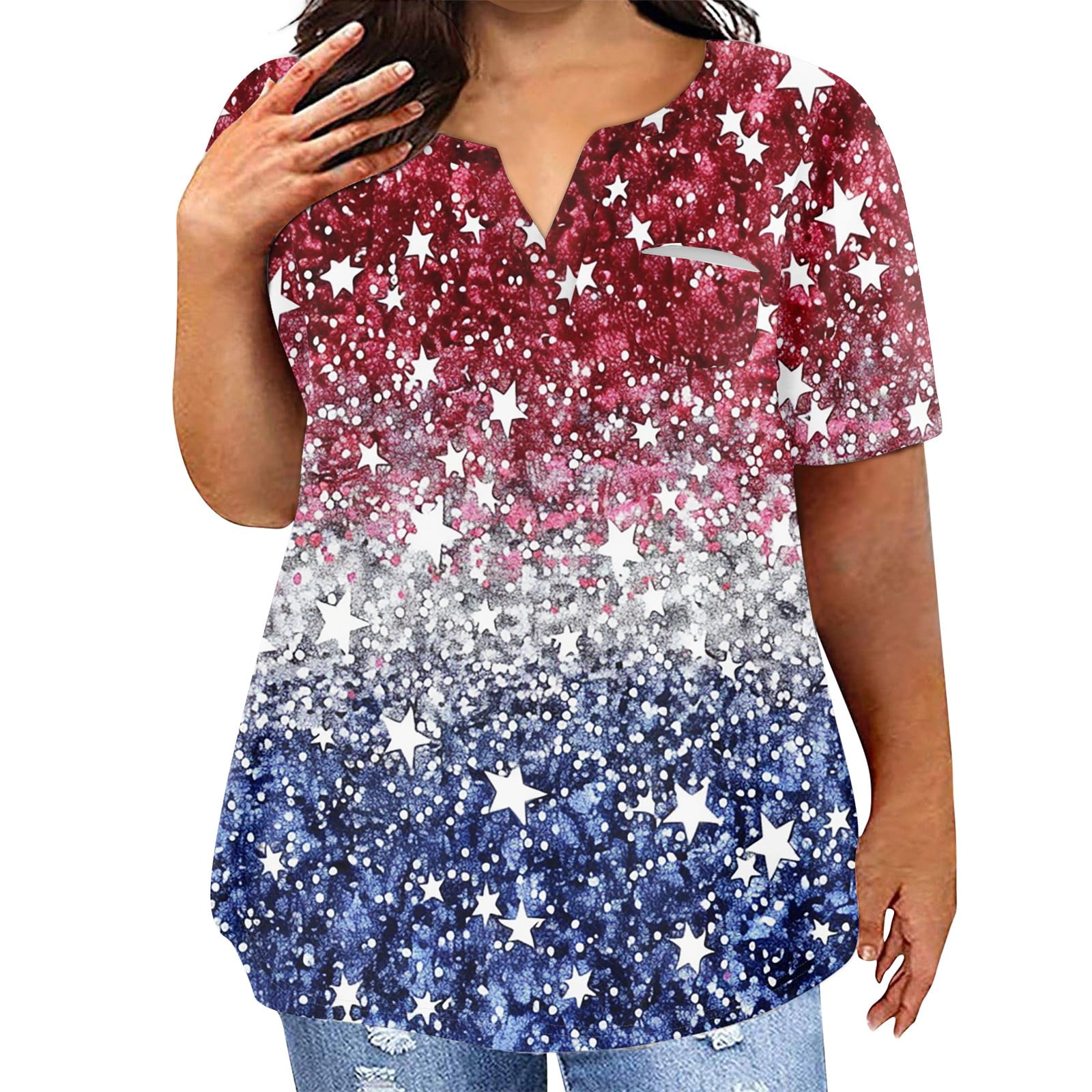 bbyeadc Womens Plus Size 4th of July Shirt Short Sleeve American Flag Graphic Tee V Neck ...