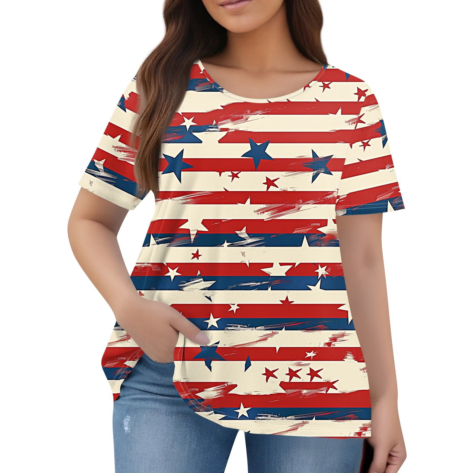 bbyeadc Womens Plus Size Summer Shirt Independence Day Patriotic American Flag Shirts Short ...