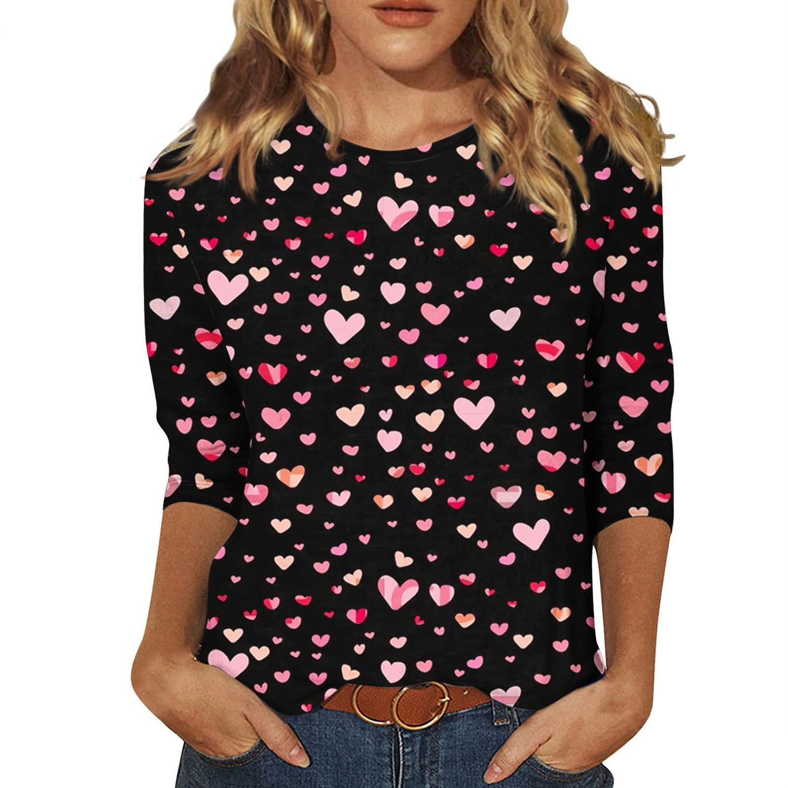 bbyeadc Womens Plus Size Valentines Day Shirt Love Heart Crew Neck 3/4 Sleeve Tops Valentines ...