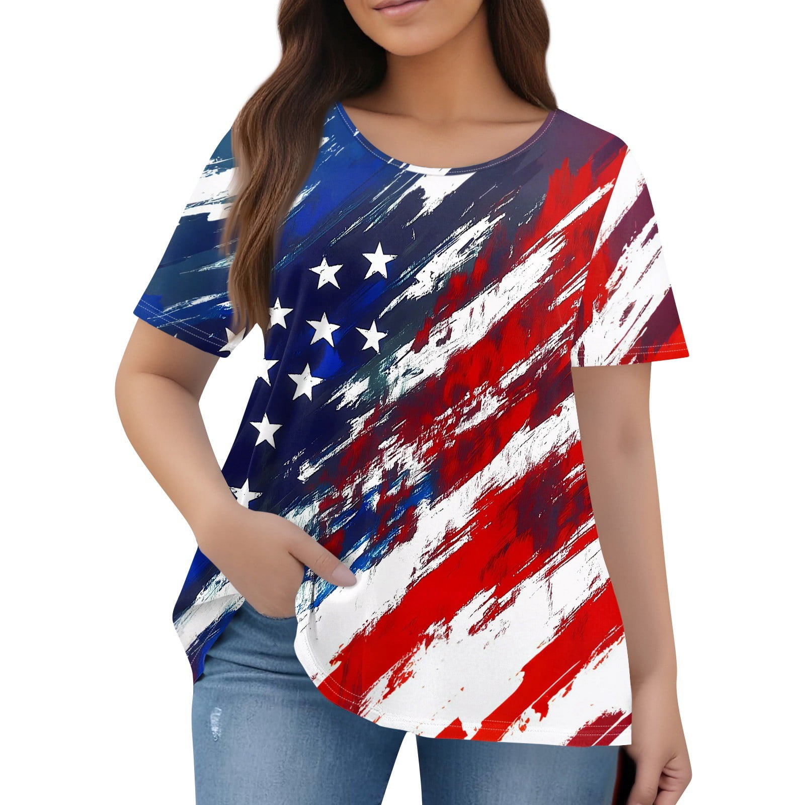 bbyeadc Womens Summer Shirt Short Sleeve American Flag Graphic Tee Plus Size Round Neck ...
