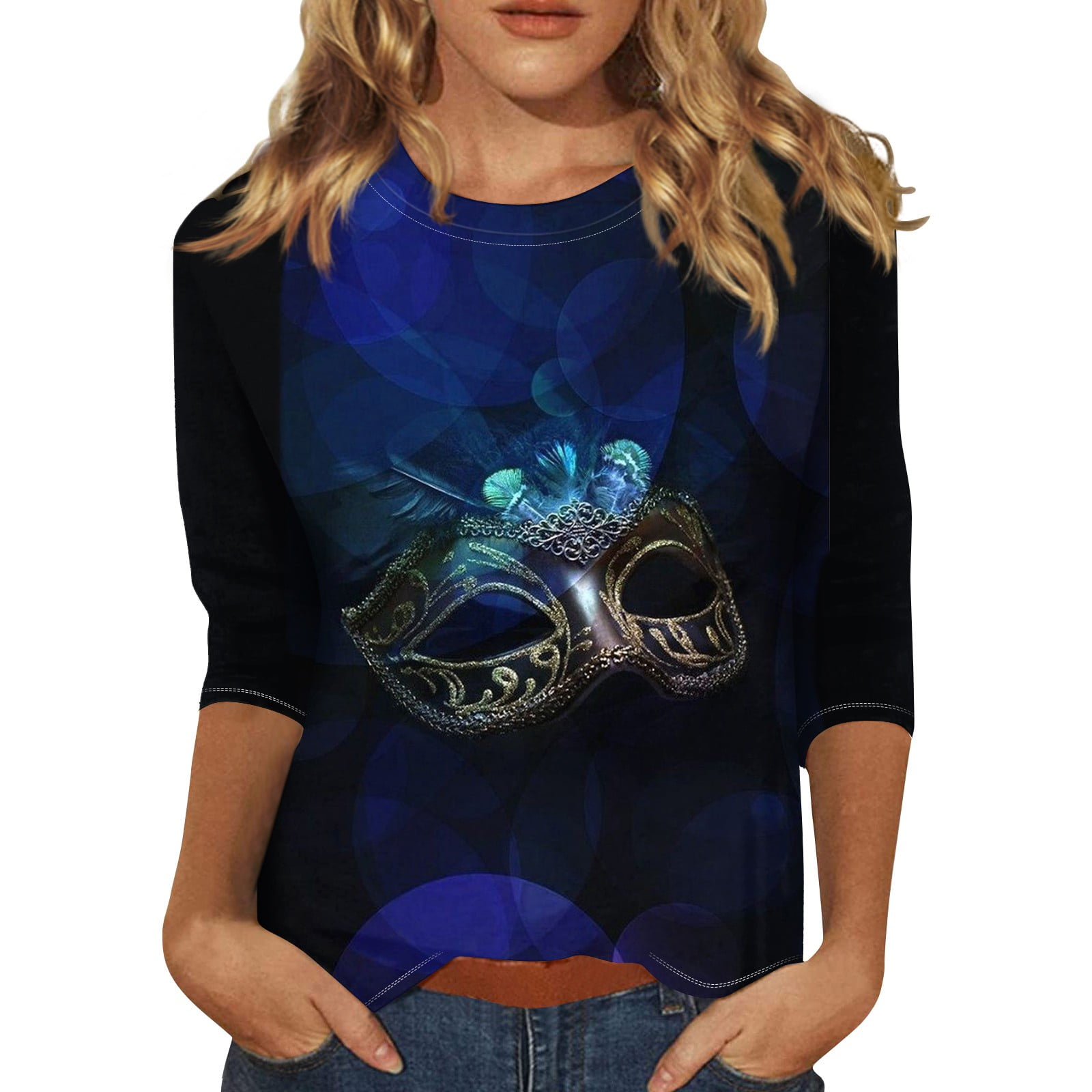 bbyeadc Womens Tuesday Shirt Plus Size Carnival Mask Shirts 3/4 Sleeve T-shirt Party Mardi Gras ...