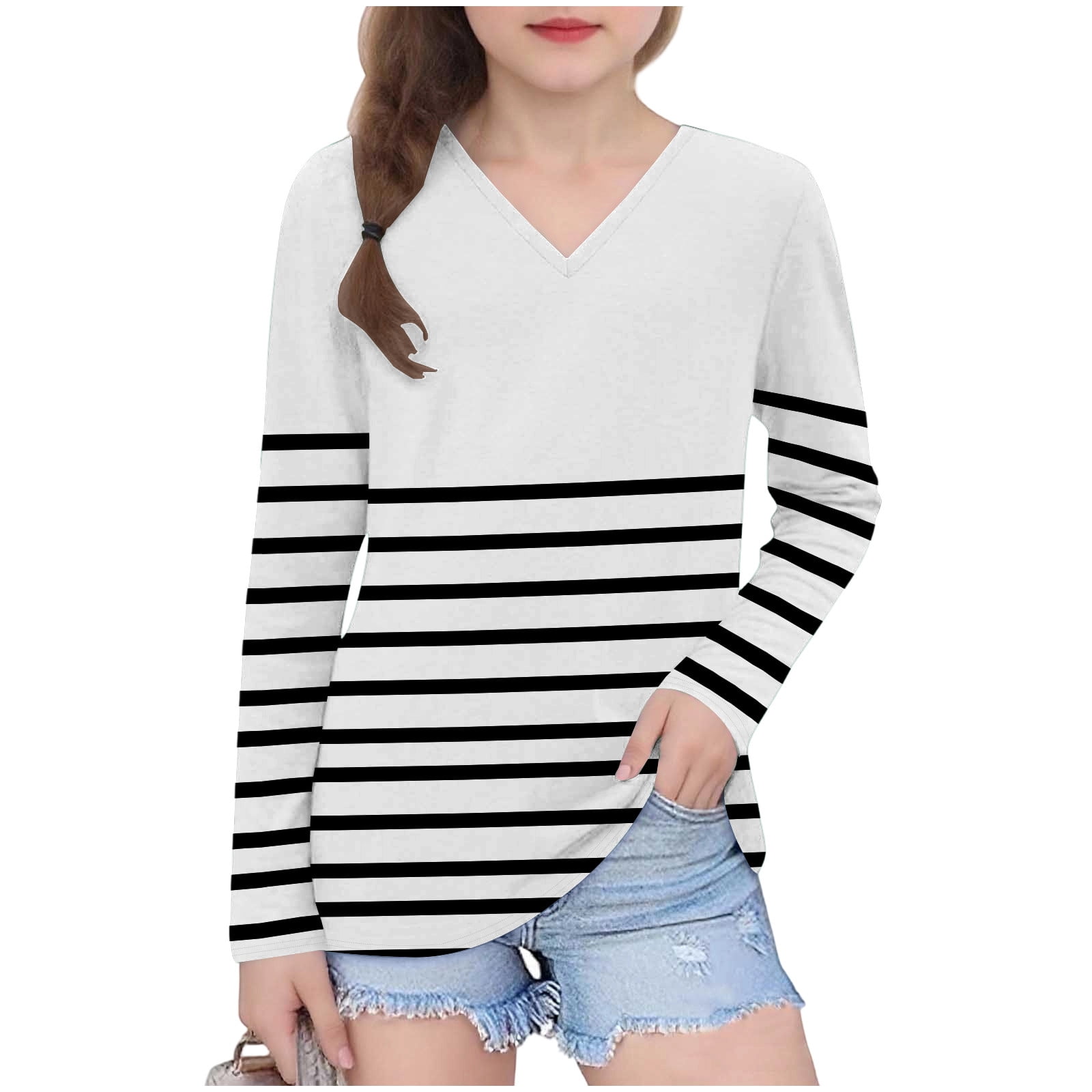 bbymog Fashion Stripe Shirts for Girls 10-12 V Neck Long Sleeve T ...