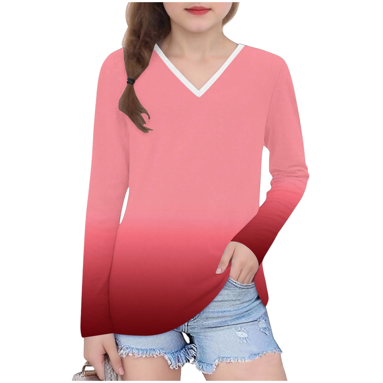 bbymog Girl'S Long Sleeve T Shirts Fashion Gradient Printed V Neck ...