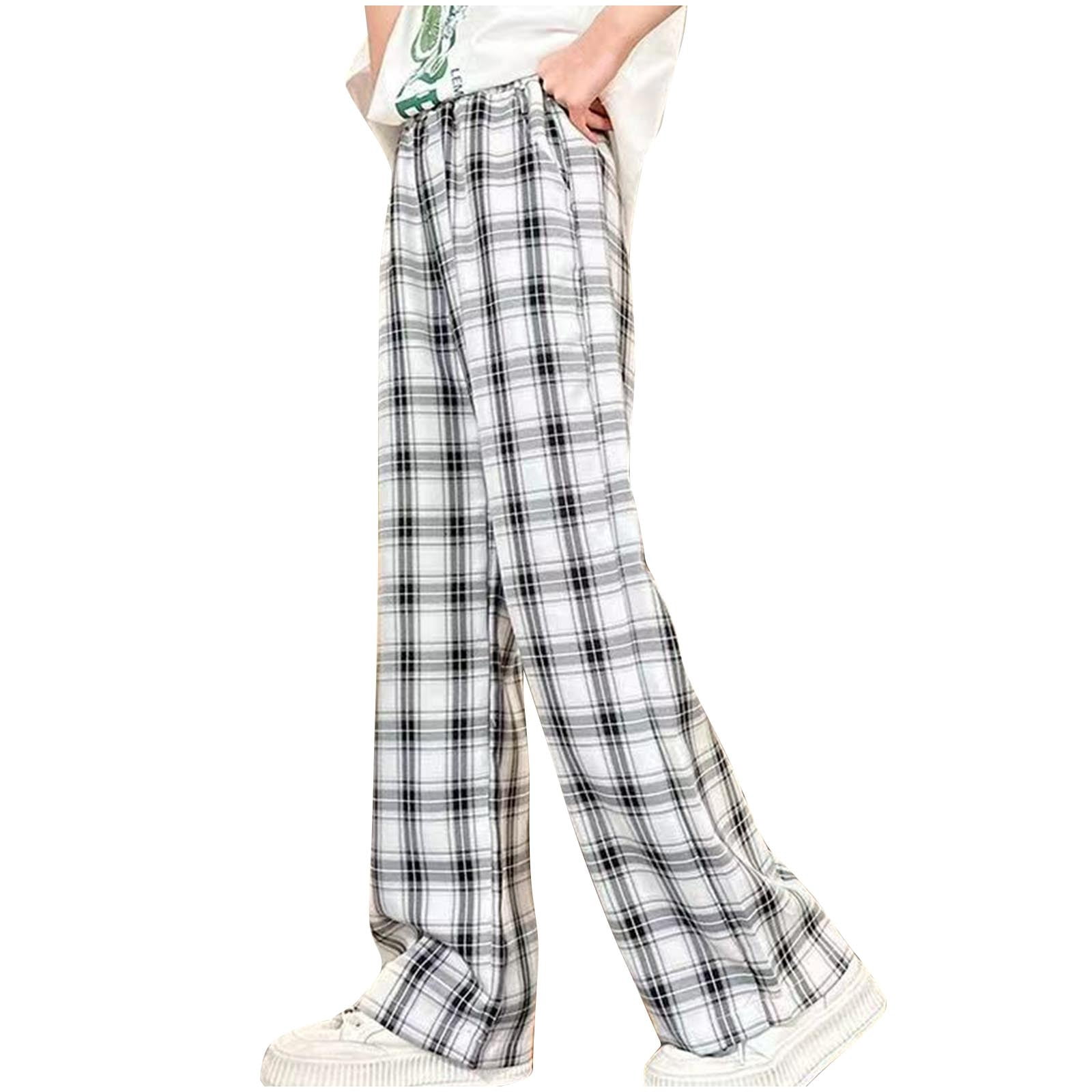 bbymog Girls' Fashion Plaid Wide Leg Pants Casual Cotton Elastic Waist ...