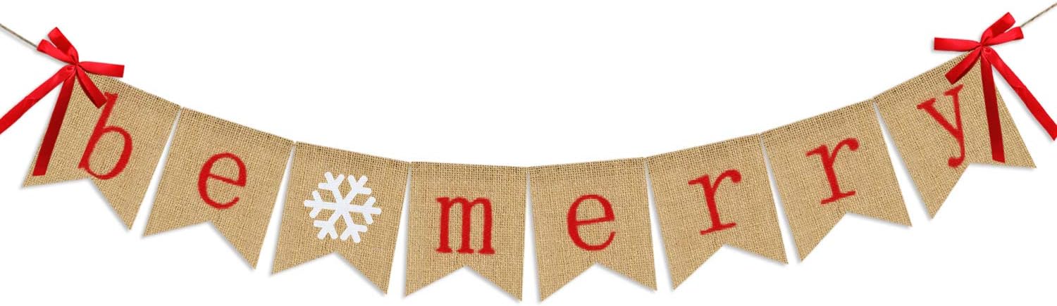 be merry Red Letter Burlap Banner with White Snowflake & Red Bow ...