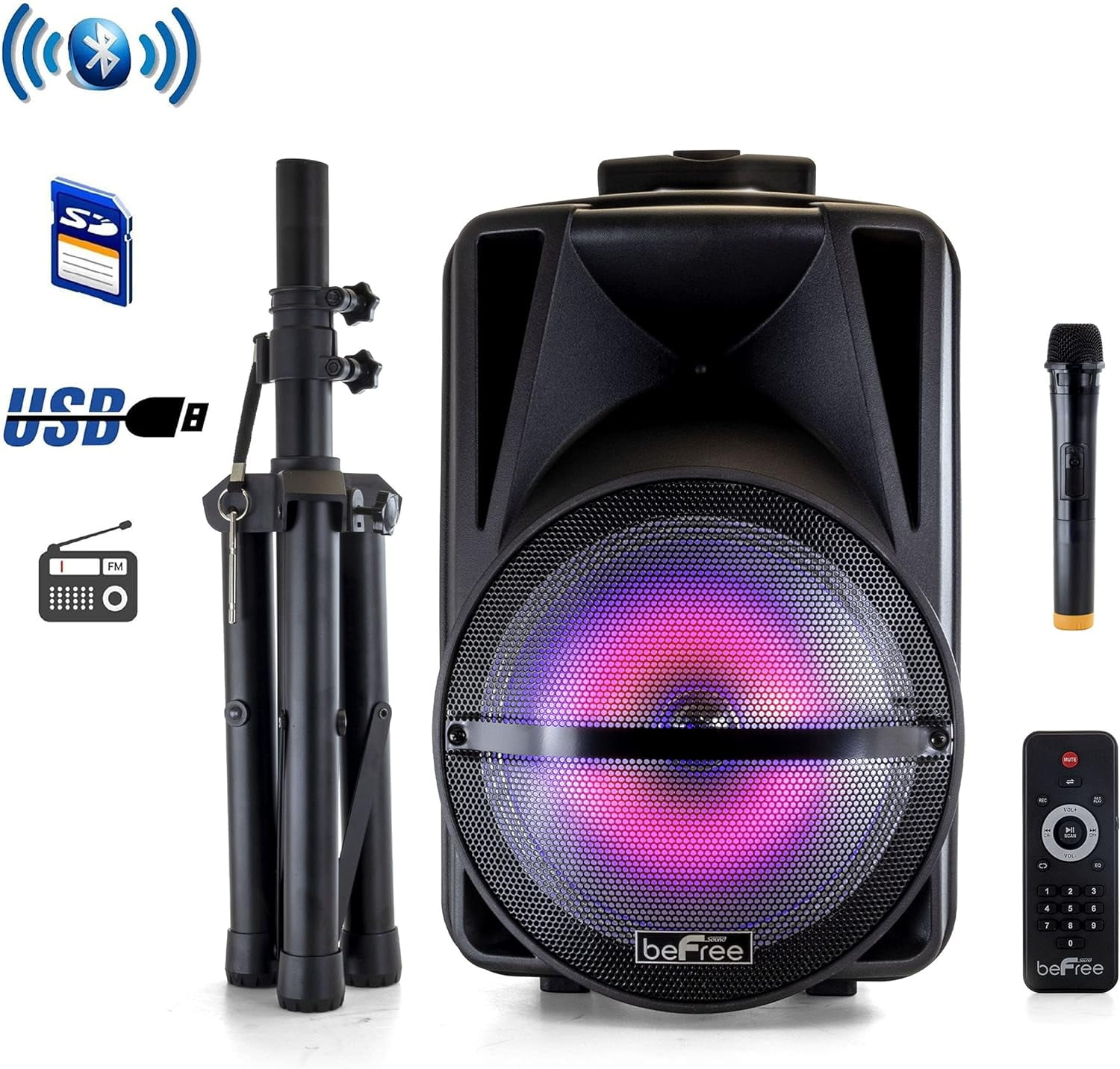 beFree Sound 12 Inch Bluetooth Rechargeable Portable PA Party Speaker with Reactive LED Lights ...