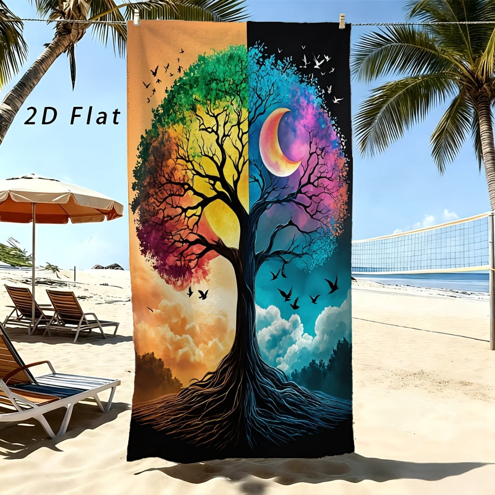 A beach towel, a charming day and night tree of life, sun and moon ...