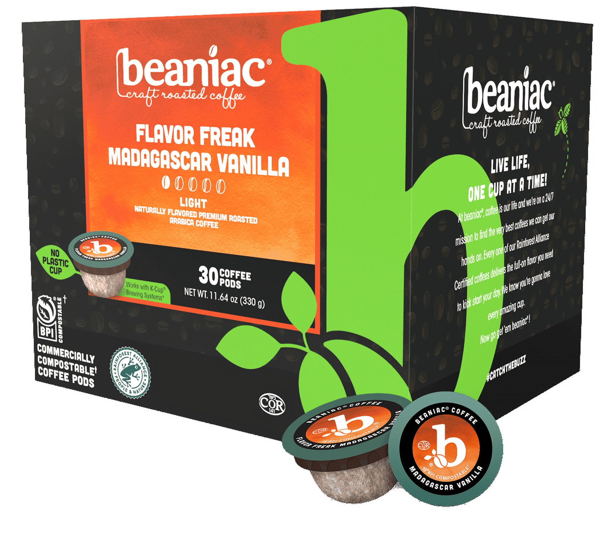 Beaniac Madagascar Vanilla Flavored Light Roast Coffee Pods, Arabica ...