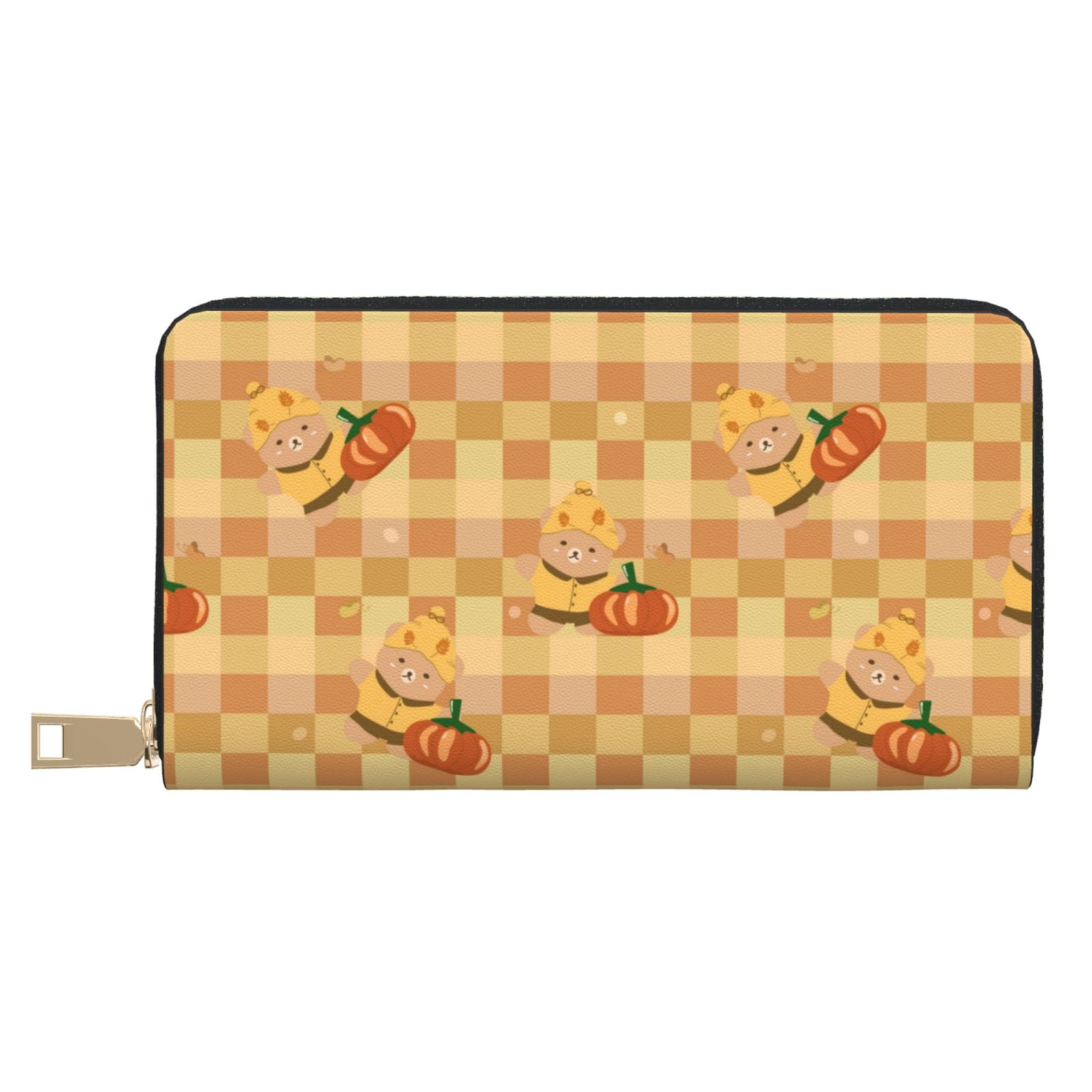 bear yellow pumpkin Autumn checkered Wallet Women, Leather Bifold Multi ...
