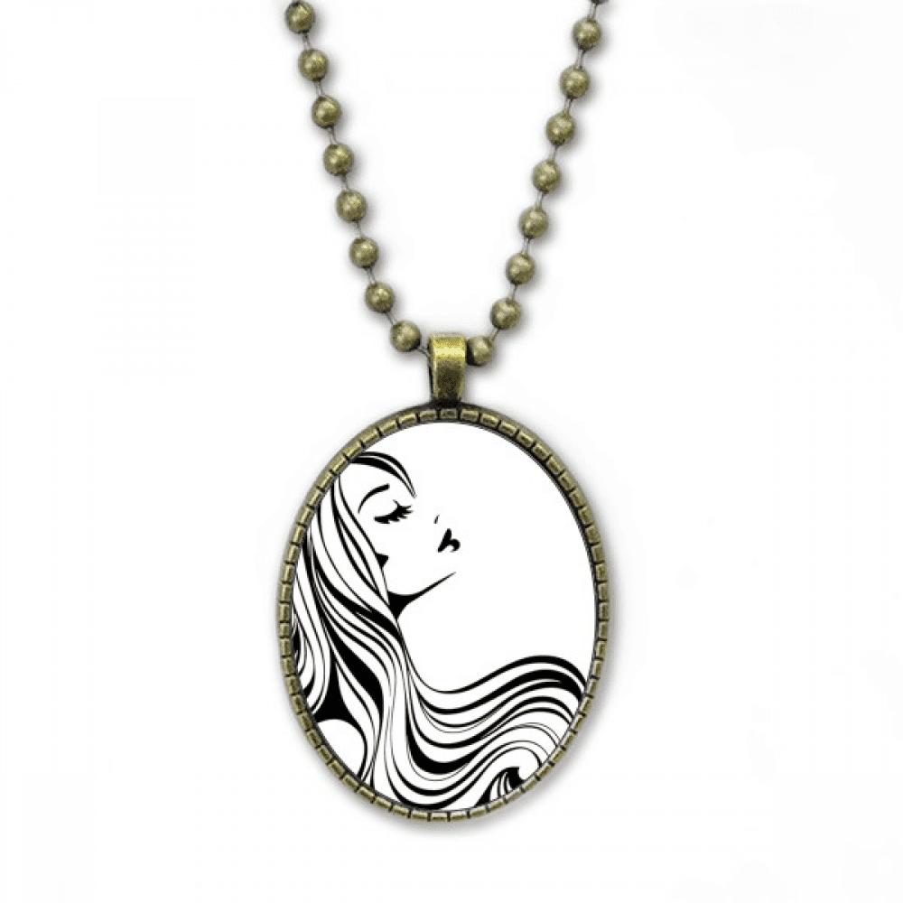 beautiful long curly hair lady outline necklace vintage chain bead ...
