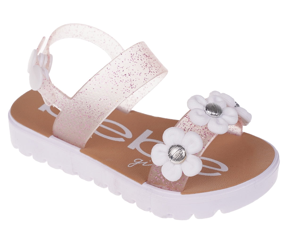 bebe Girl's Colorful Flat Sandal with Flower, Glitters and Other Cute ...