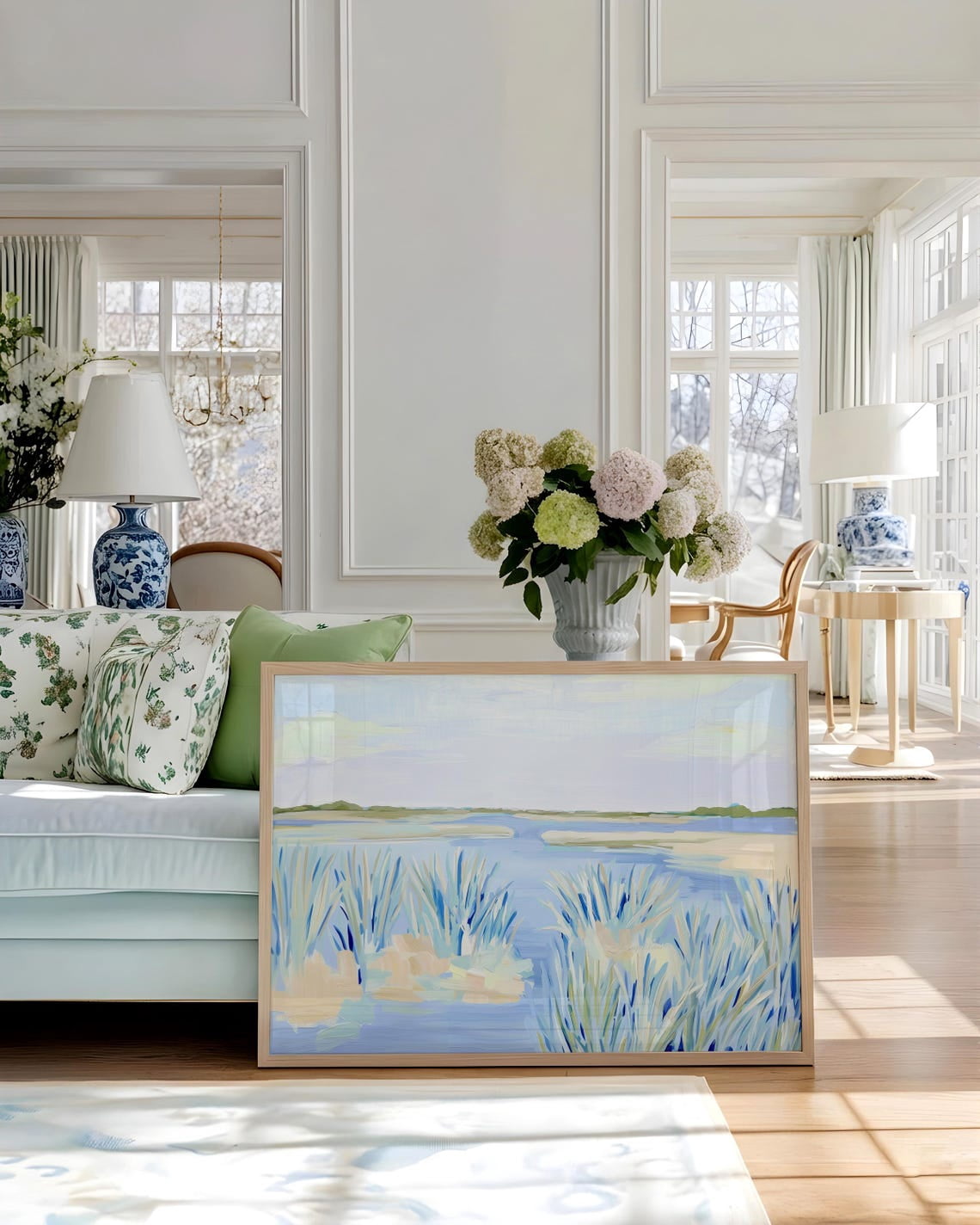 Above bed table Whimsical Foggy Marsh Art Sage Green Coastal Landscape ...