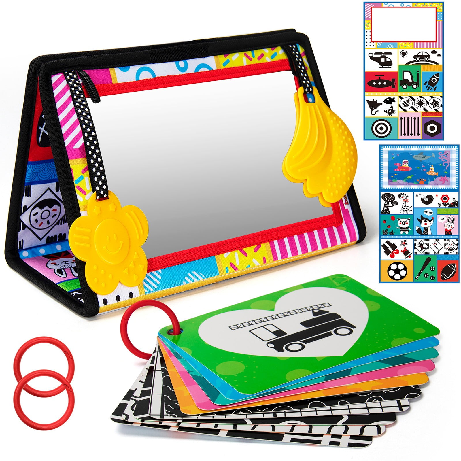 beetoy Tummy Time Floor Mirror with Early Learning Cards and Teethers ...