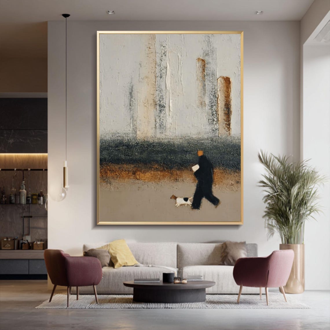 beige gold wabi-sabi the old man and dog black wall art brown abstract ...