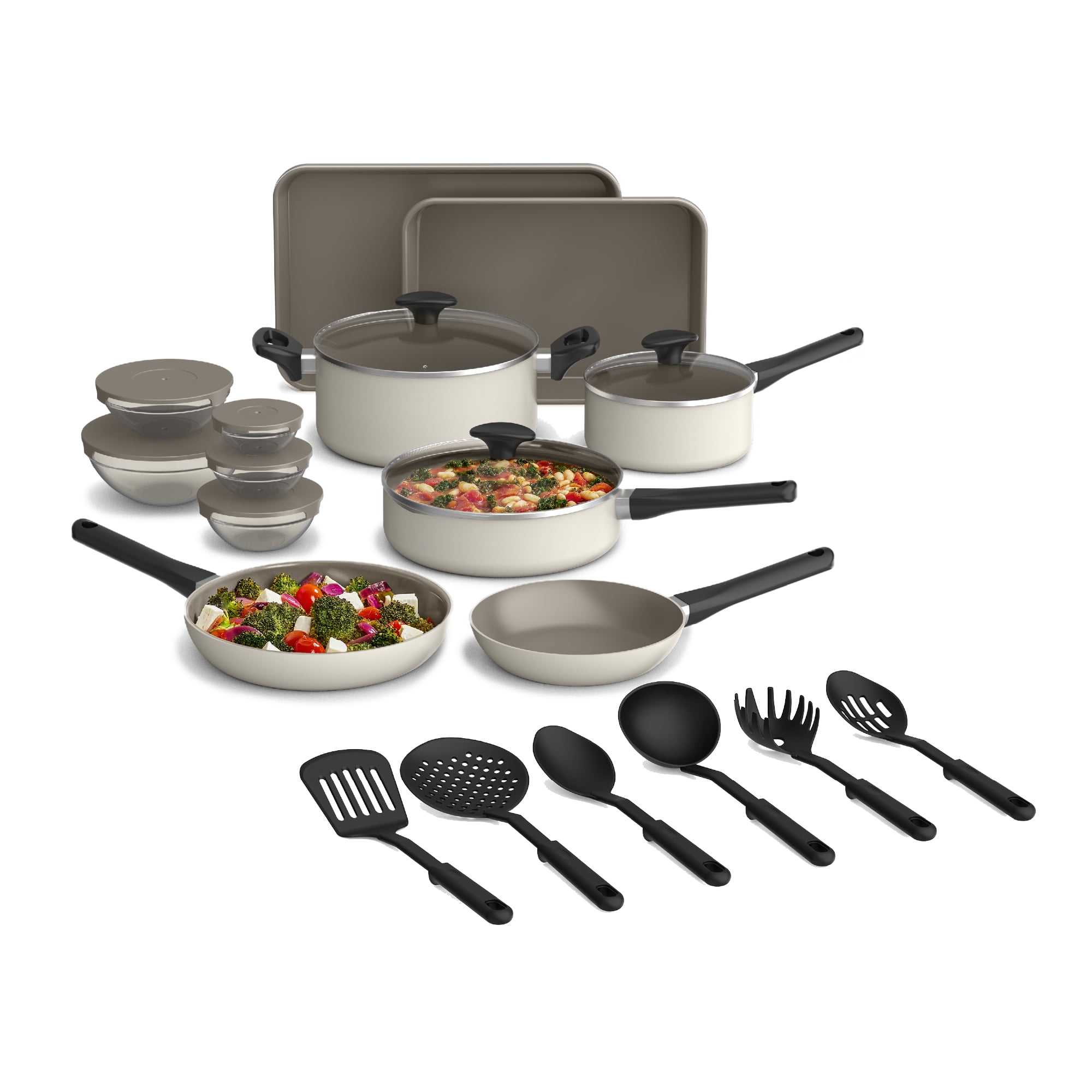 bella 21-Piece Ceramic Nonstick Cookware and Utensil Set, Oatmilk - Walmart.com