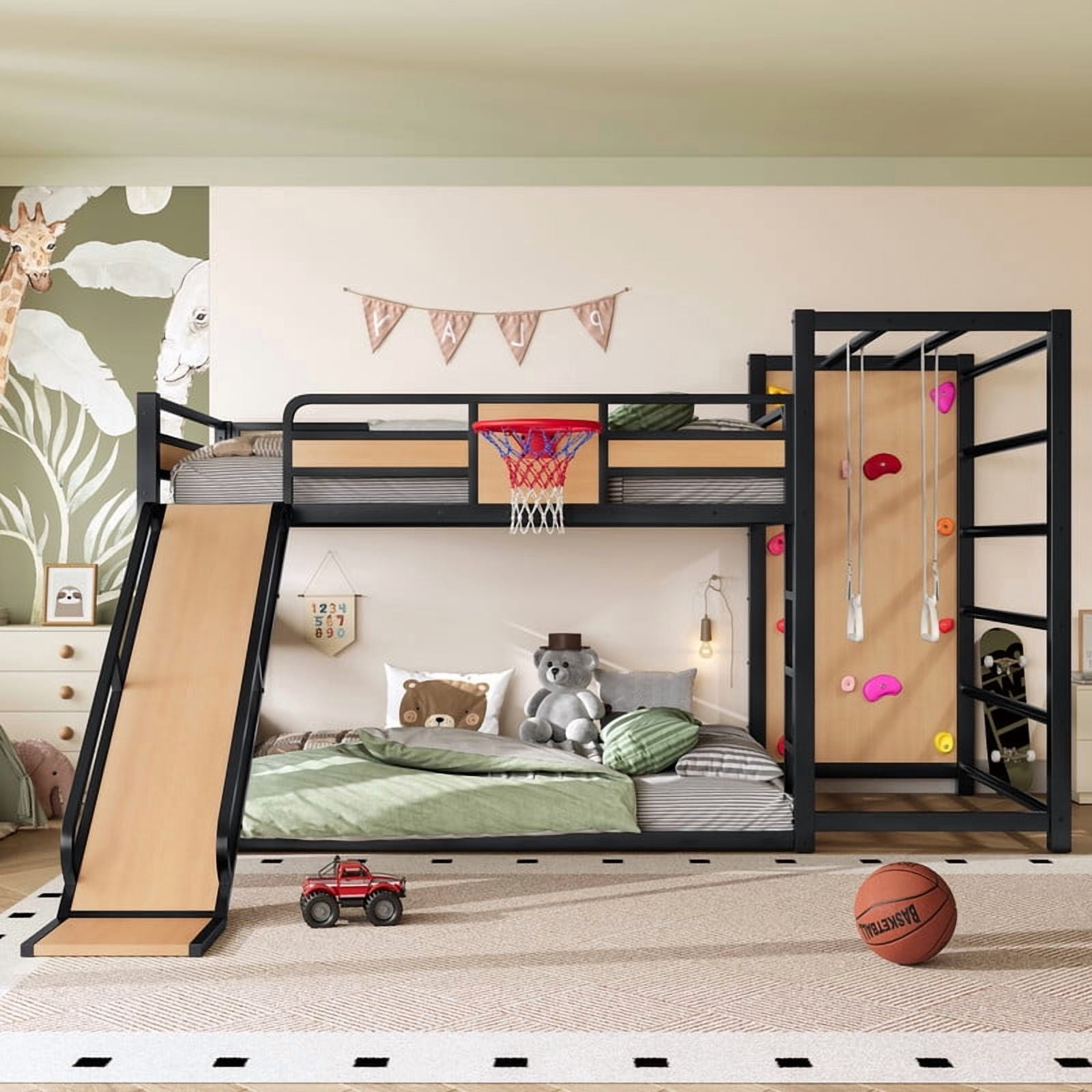 URTR Full Size Metal Loft Bed with Slide and Basketball Hoop, Loft Bed ...