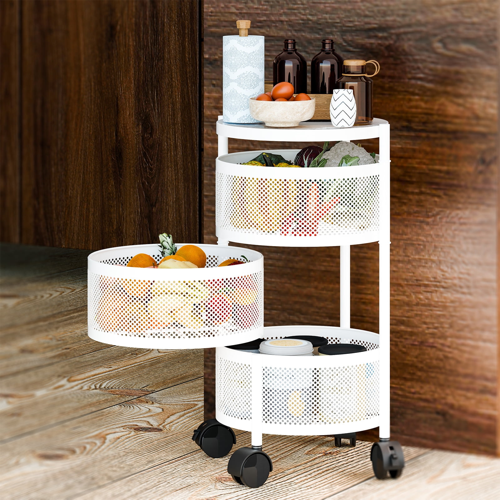 bestolf 3 Tier Circular Rotating Basket, Large Storage Rack with Wheels ...