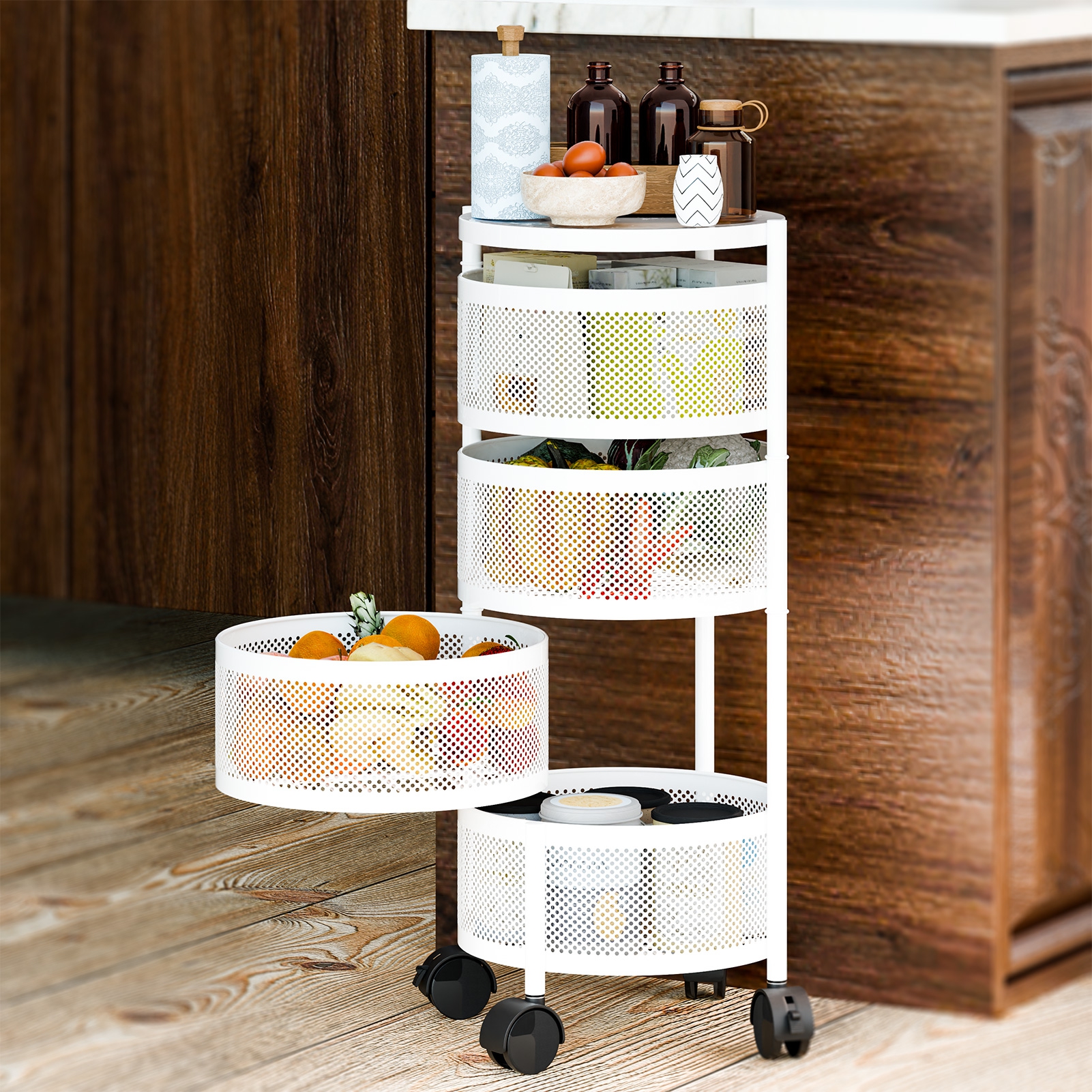 bestolf 5 Tier Circular Rotating Basket, Large Storage Rack with Wheels ...