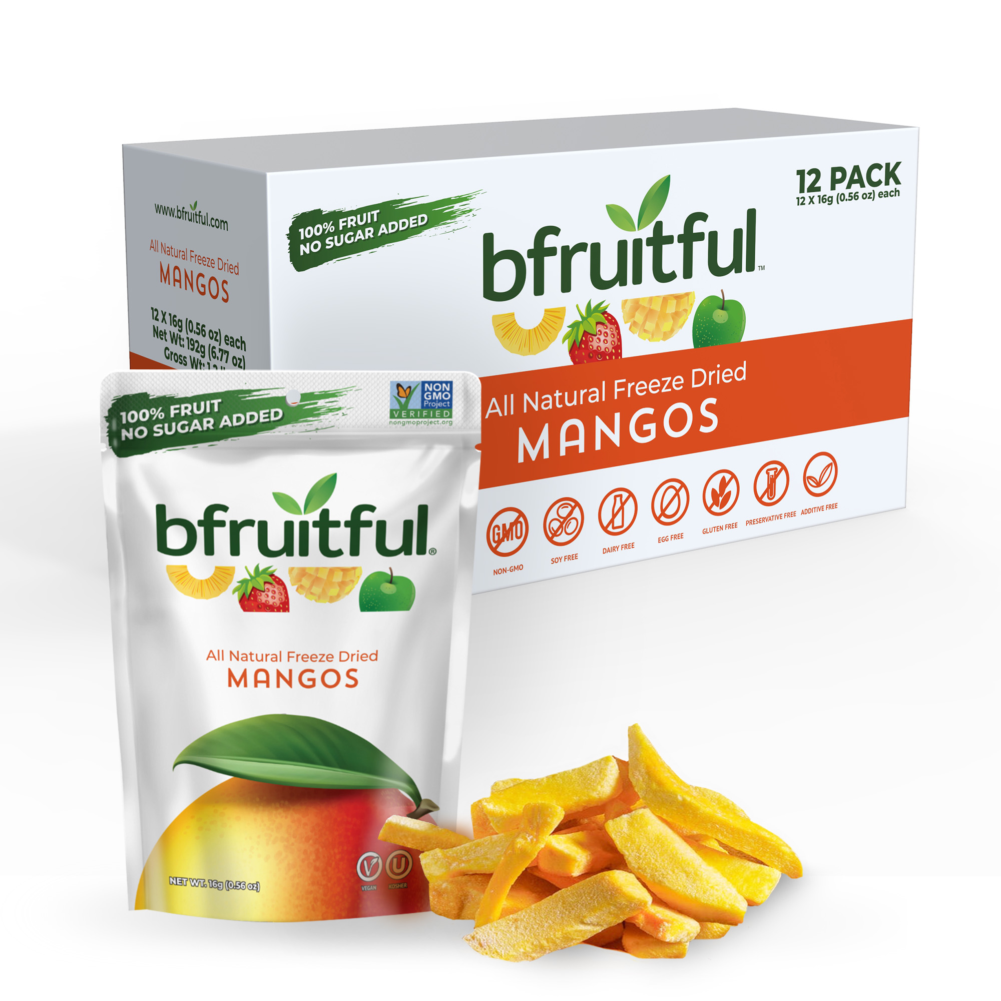 bfruitful Freeze-Dried Fruit Mangos, Gluten Free, 12- 0.56 oz Bags ...