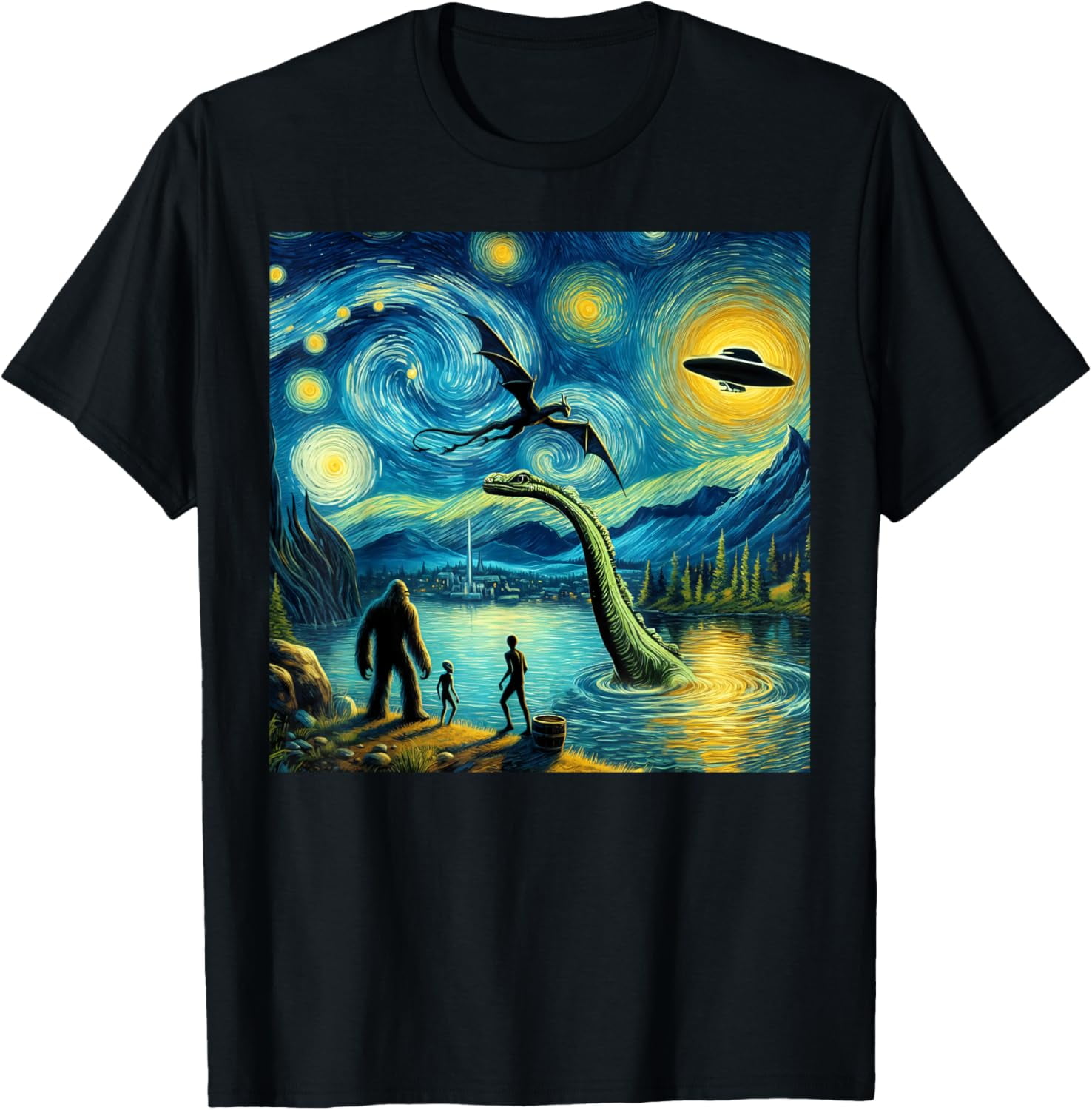 bigfoot starry night loch Ness alien UFO dragon cute lake T-Shirt ...