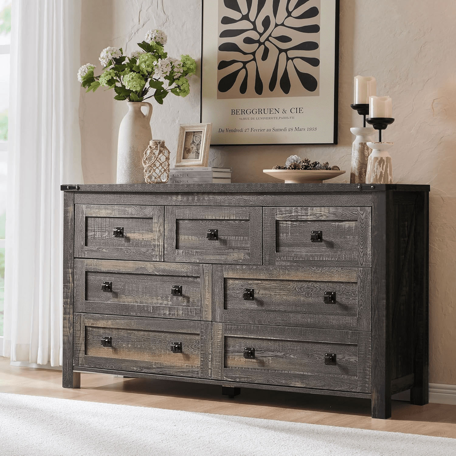 binoen 6 Drawer Dresser for Bedroom Farmhouse 54 Inch Wide Rustic Wood ...