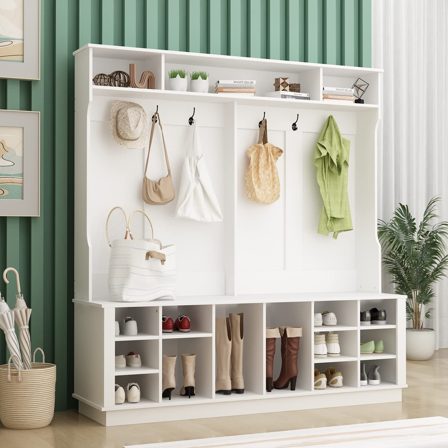 binoen Extra Wide Hall Tree with Storage Bench 4-in-1 Entryway Bench ...