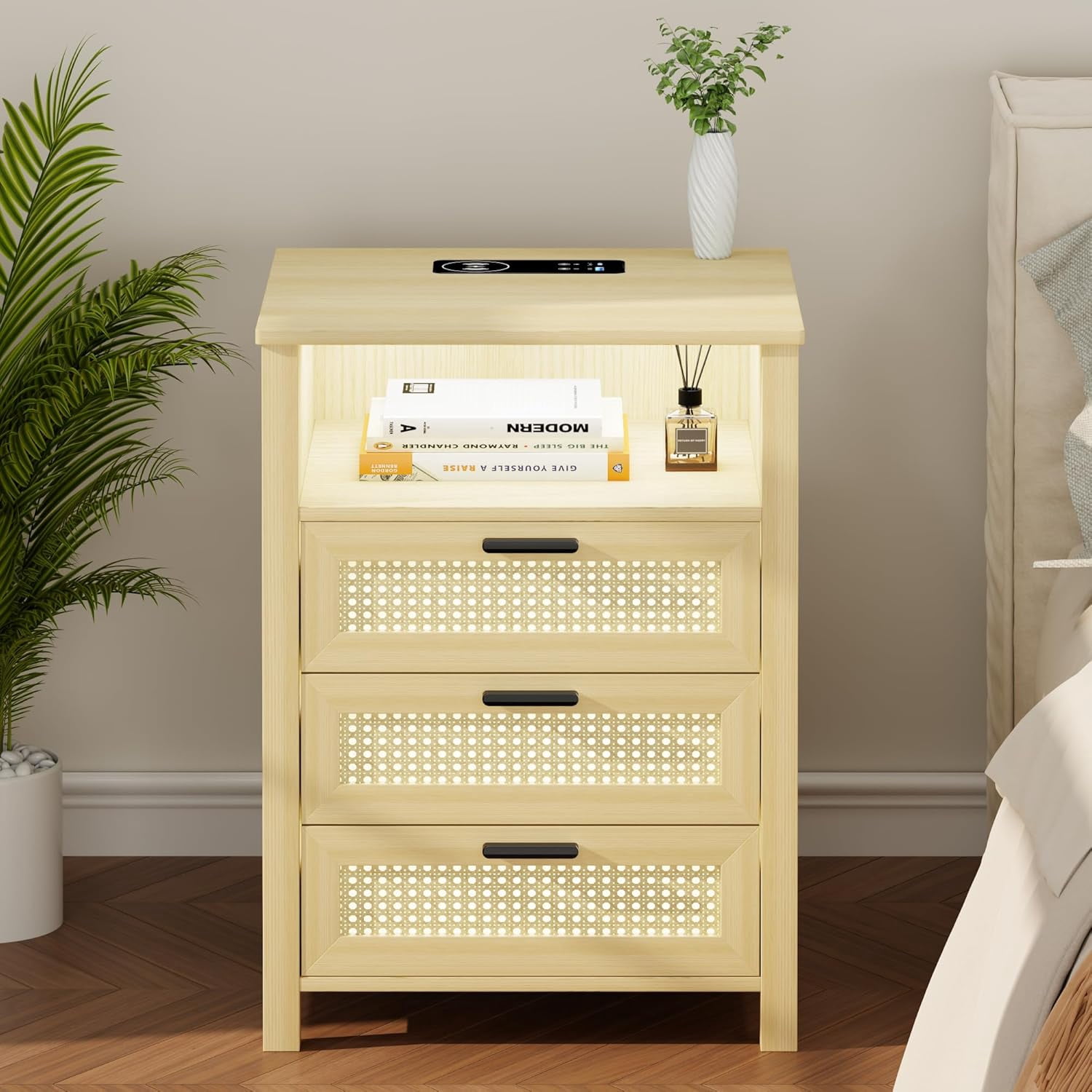 binoen Night Stand Set 2 with Gun Drawer Bedside with Charging Station ...