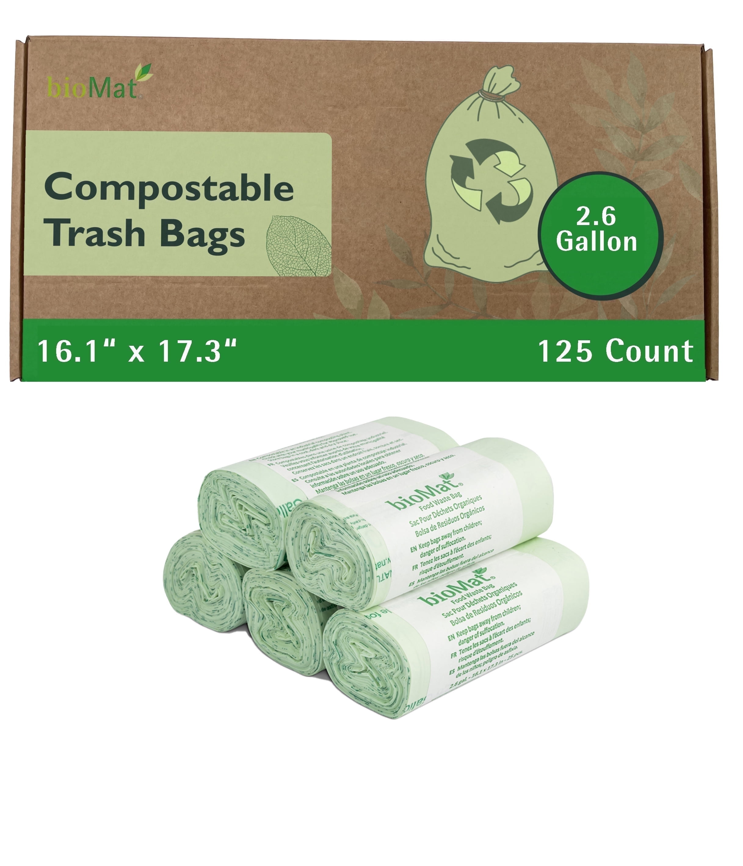 bioMat 2.6 Gallon Compostable Bags, 125 Count, Compostable Trash Bags for Countertop Bin, BPI ...
