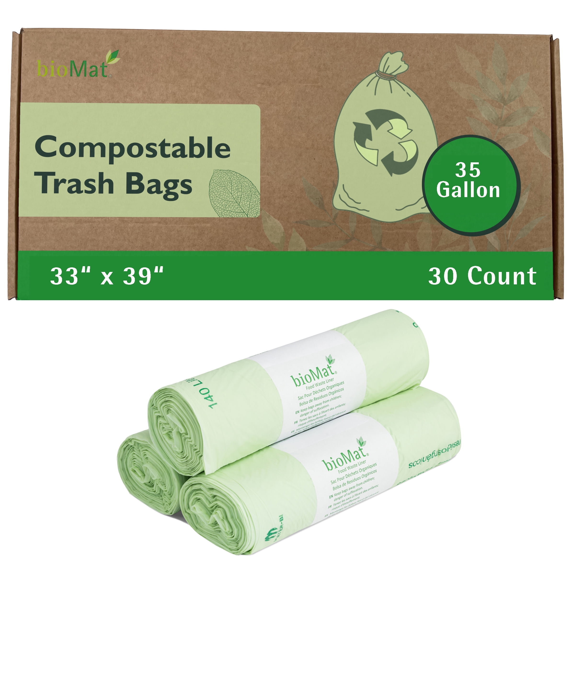 bioMat 35 Gallon Compostable Trash Bags; 30 Count, BPI ASTM D6400; Tear ...