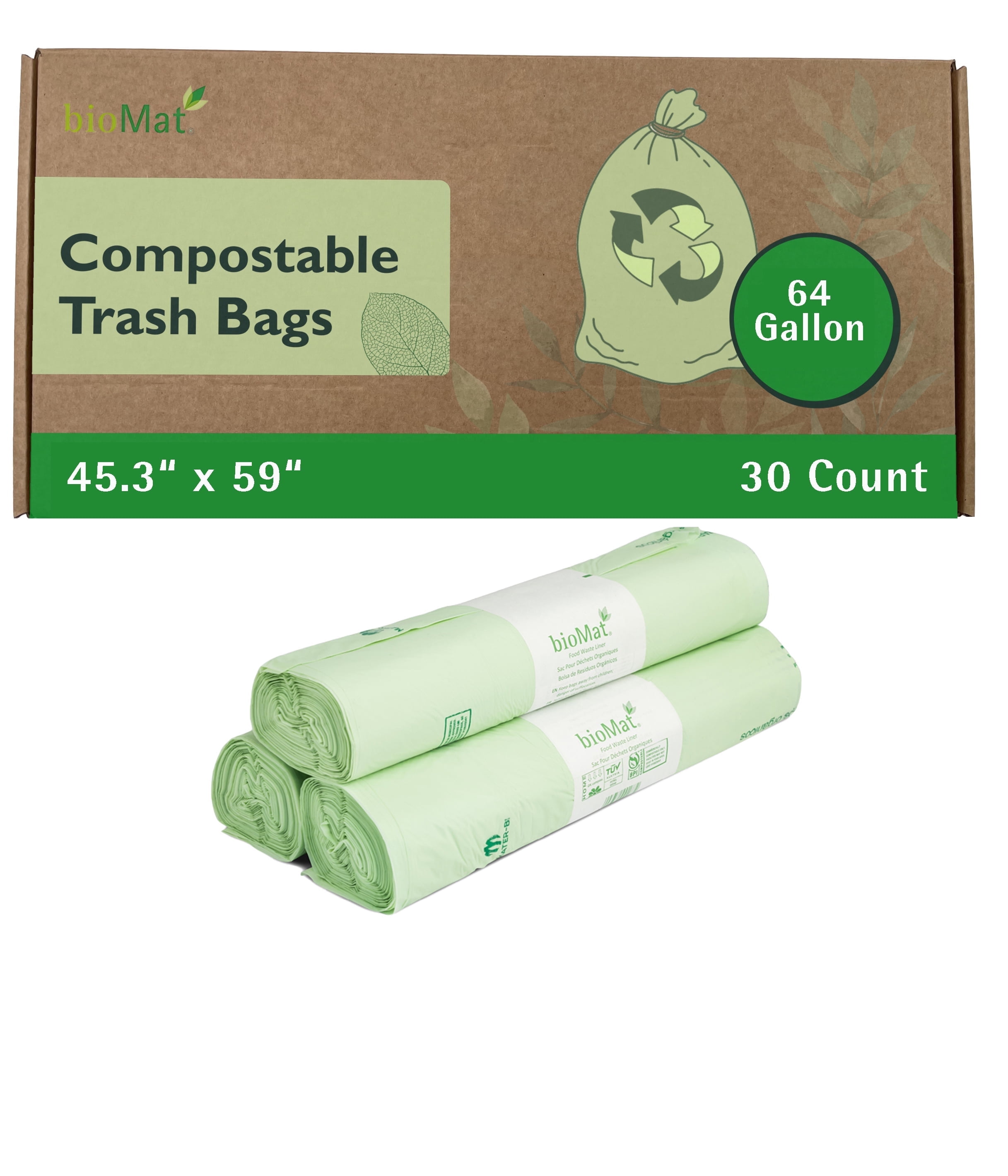 bioMat 64 Gallon Compostable Trash Bags, 30 Count, Large Compost Bags ...