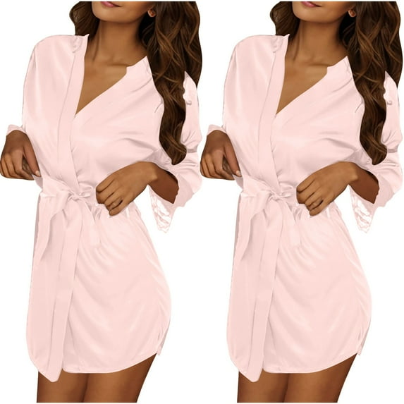 biudgviw 2PC Womens Silk Robe 3/4 Sleeve Belted Lightweight Bathrobes ...