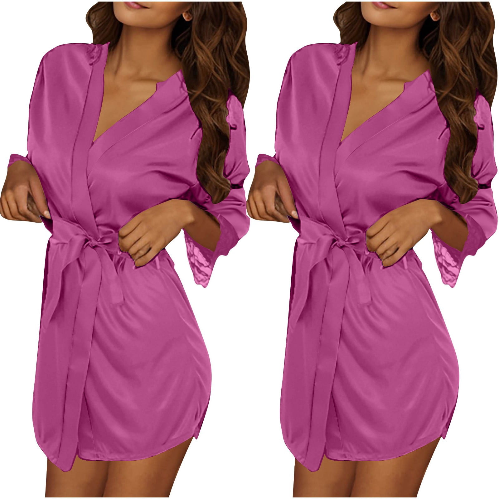 biudgviw 2PC Womens Silk Robe 3/4 Sleeve Belted Lightweight Bathrobes ...