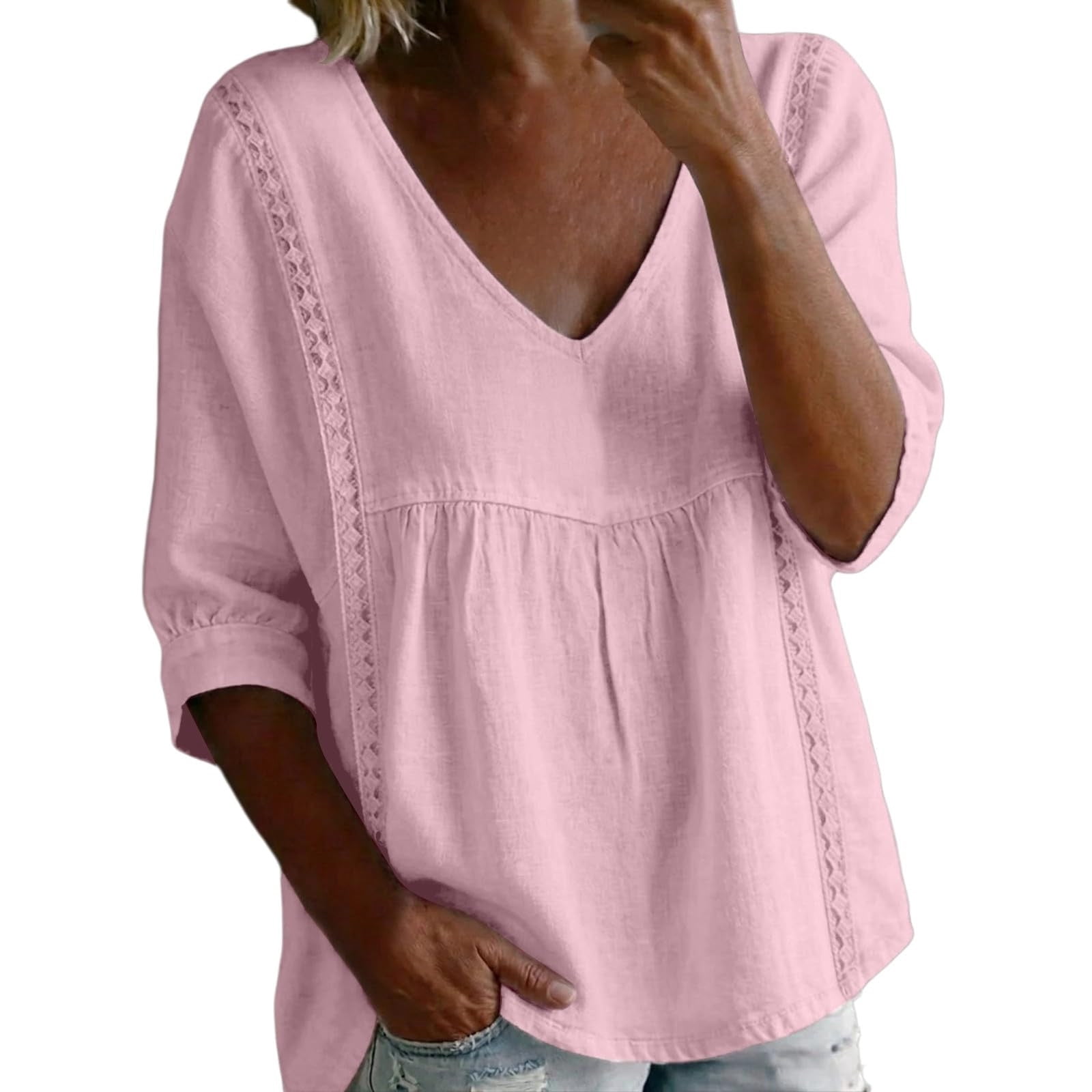 biudgviw 3/4 Length Sleeve Womens Tops Deep V Neck Loose Fit Blouse ...