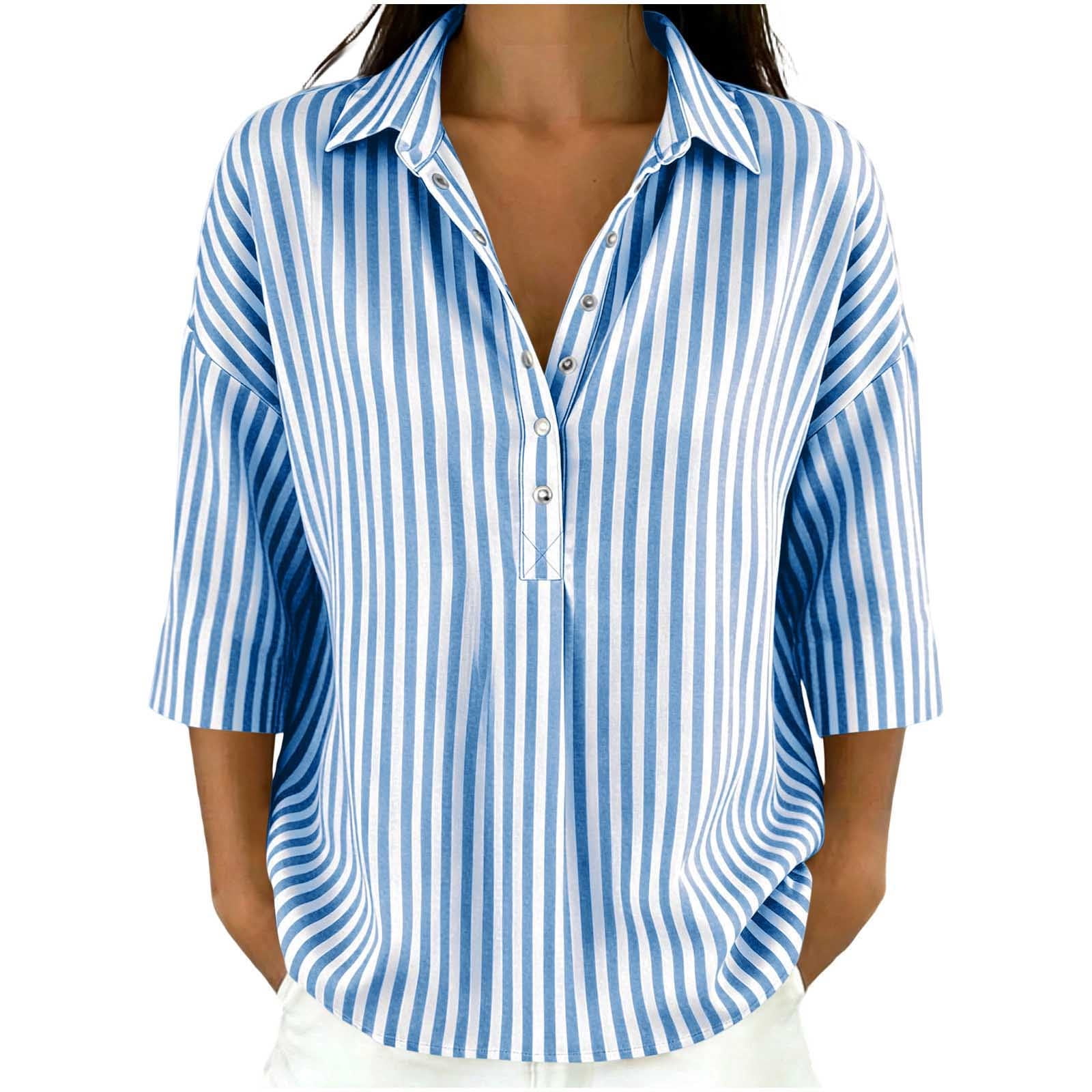 biudgviw 3/4 Length Sleeve Womens Tops Fashion Striped Button T-Shirt ...