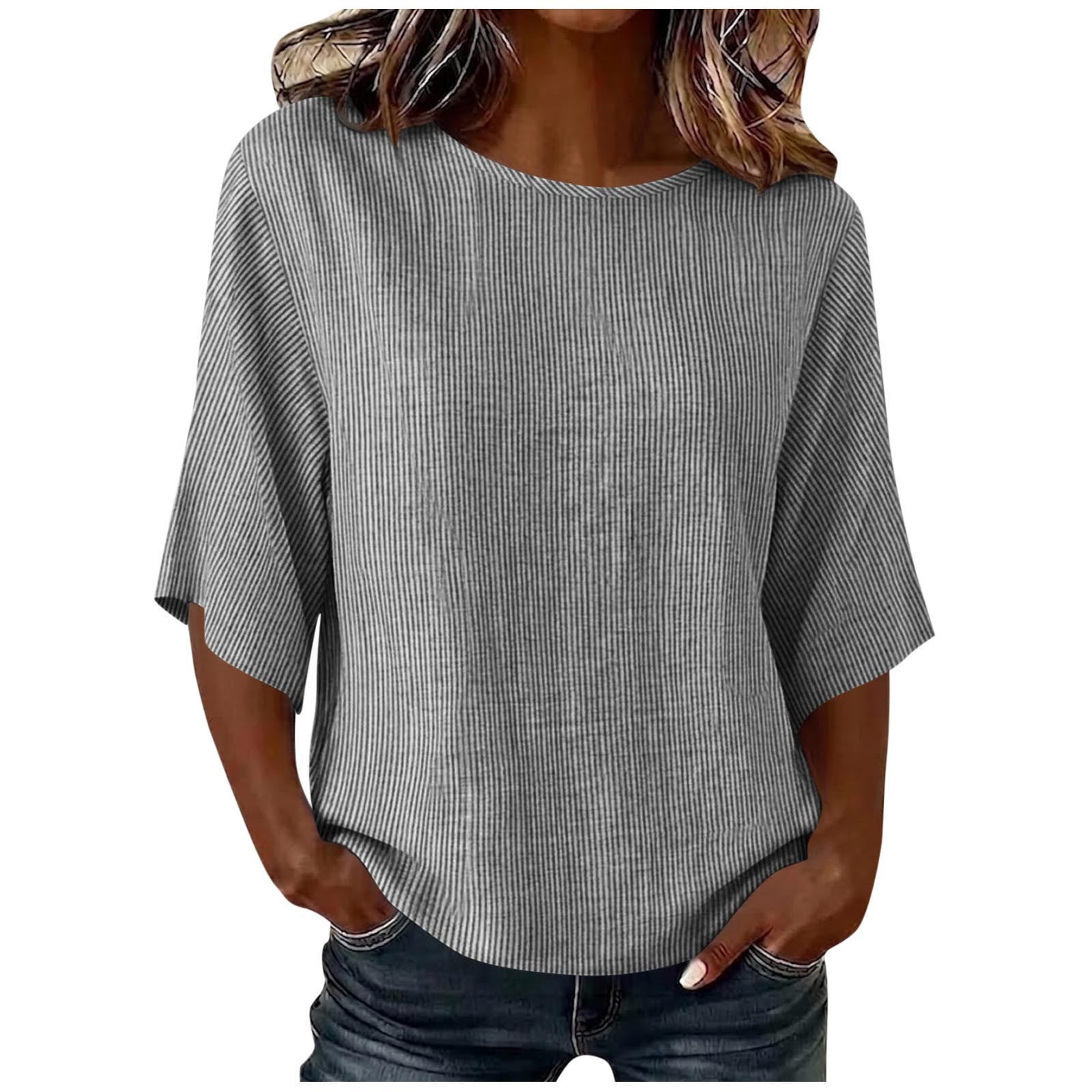 biudgviw 3/4 Length Sleeve Womens Tops Fashion Striped Crewneck Shirts ...