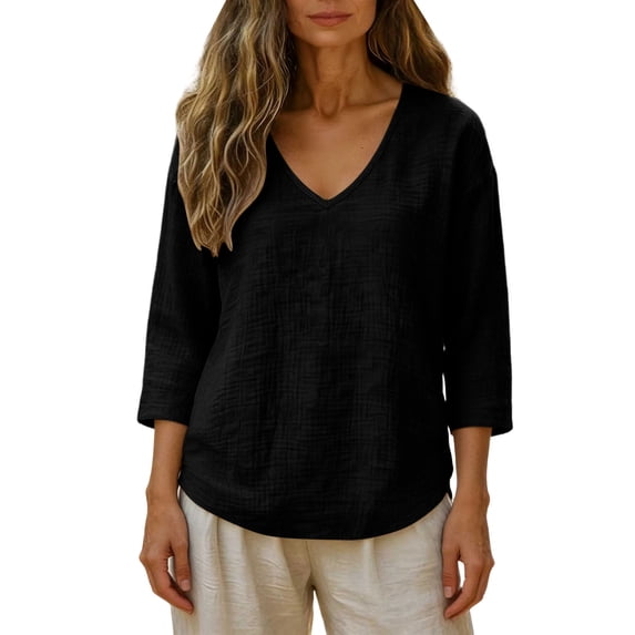biudgviw 3/4 Length Sleeve Womens Tops Lightweight Pleated V Neck T ...