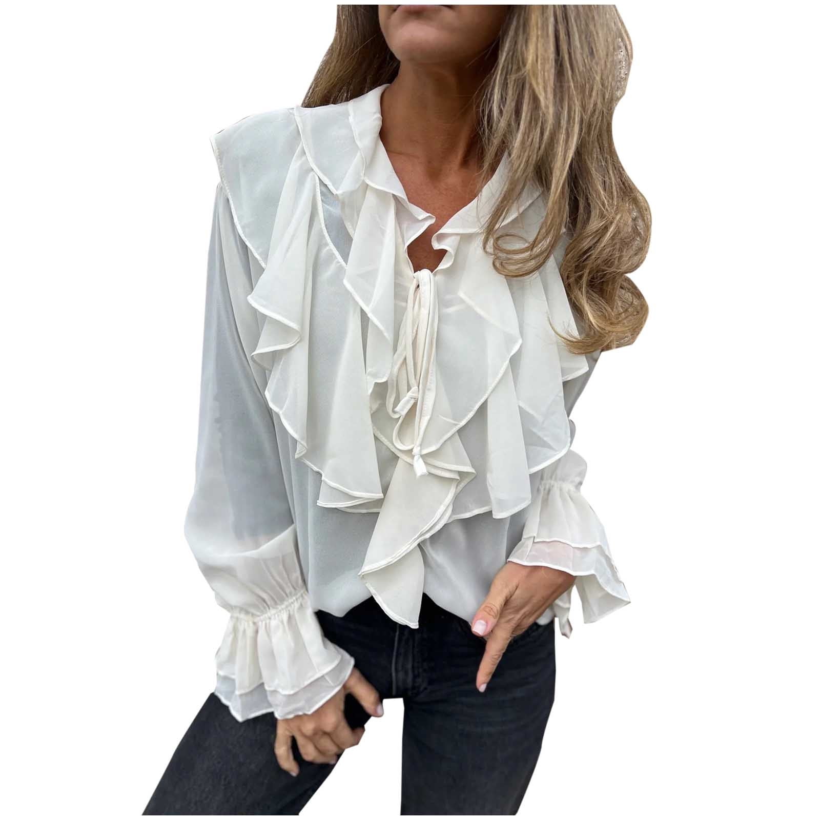 biudgviw Blouses for Women Dressy Casual Long Sleeve V Neck Ruffles ...